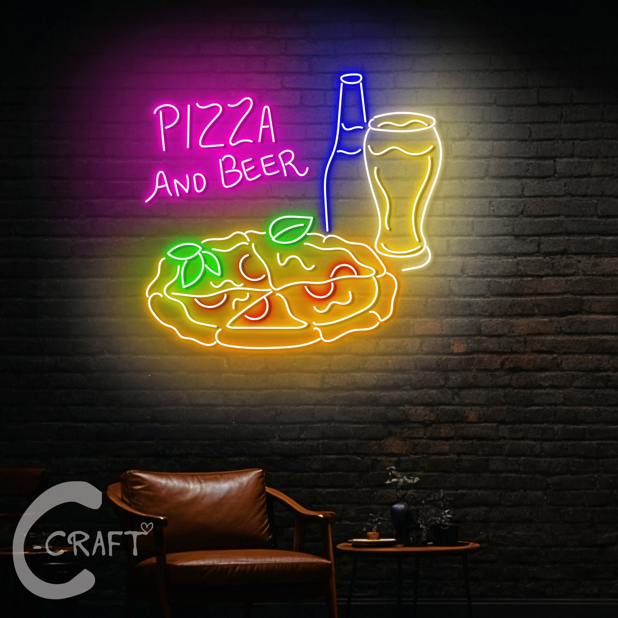 C-CRAFT Pizza and Beer Neon Led Light Up 38 inch for Italian Pizza ...