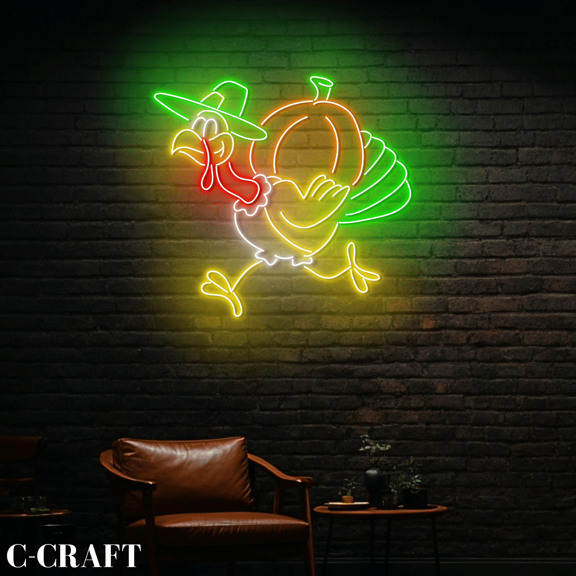 C-CRAFT Pumpkin On Turkey Thanksgiving Neon Sign LED Light Acrylic Wall ...