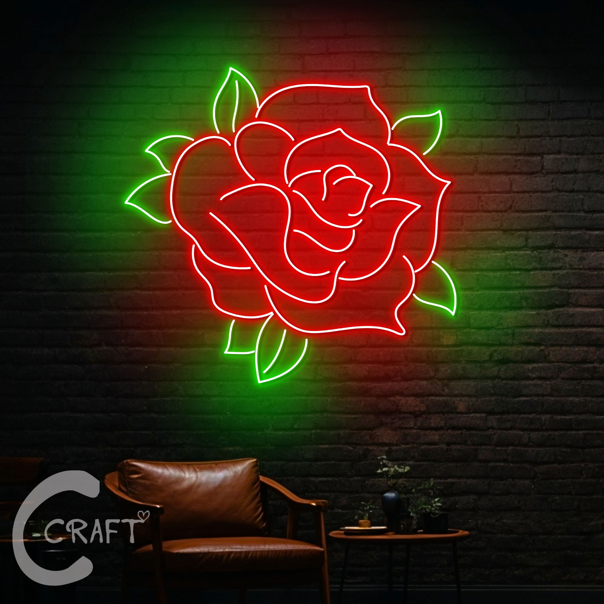 C-CRAFT Red Rose Neon Led Light Up 23 inch for Flower Shop Girl Bedroom ...