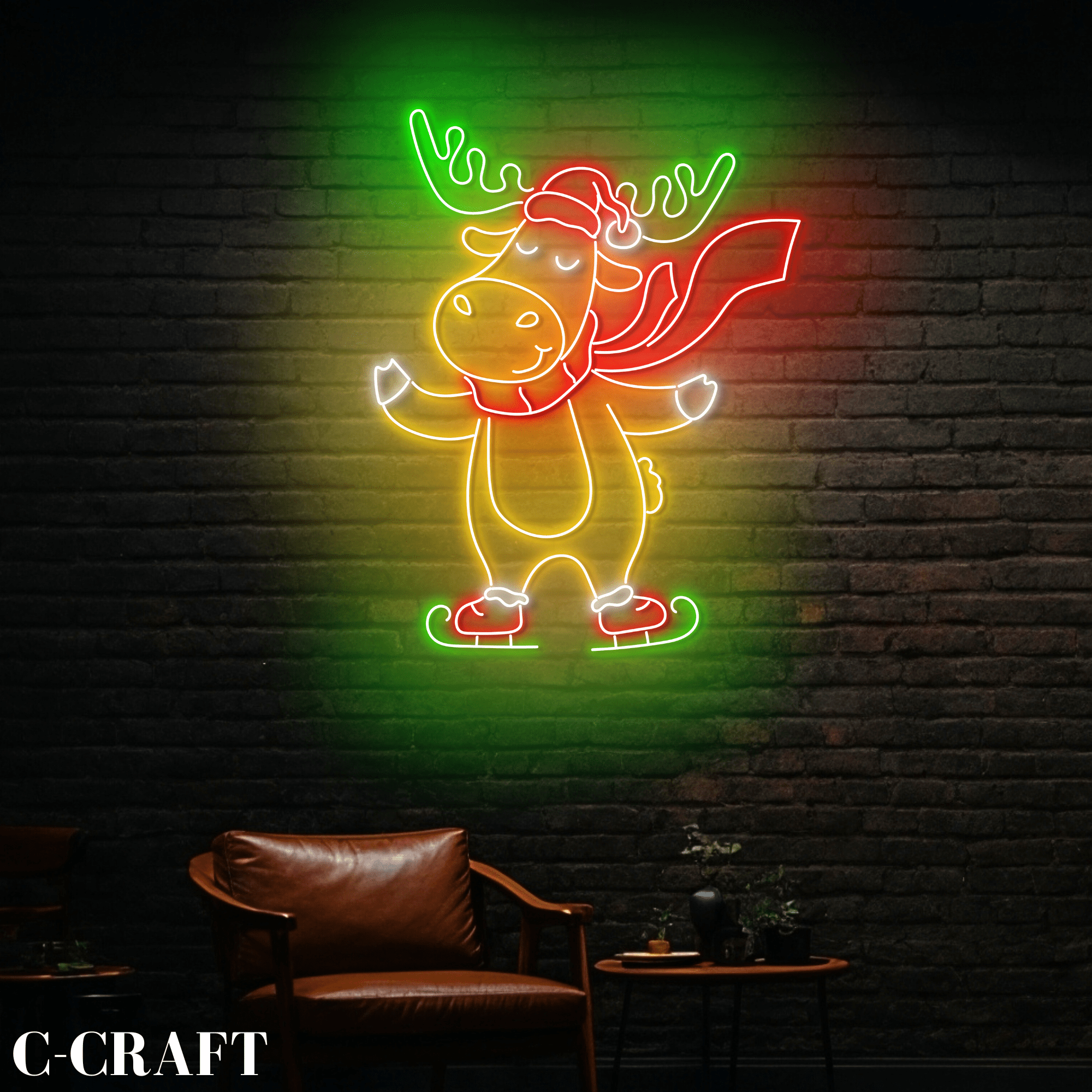 C-CRAFT Reindeer Ice Skating Neon Sign Led Light Sign Wall Art for ...