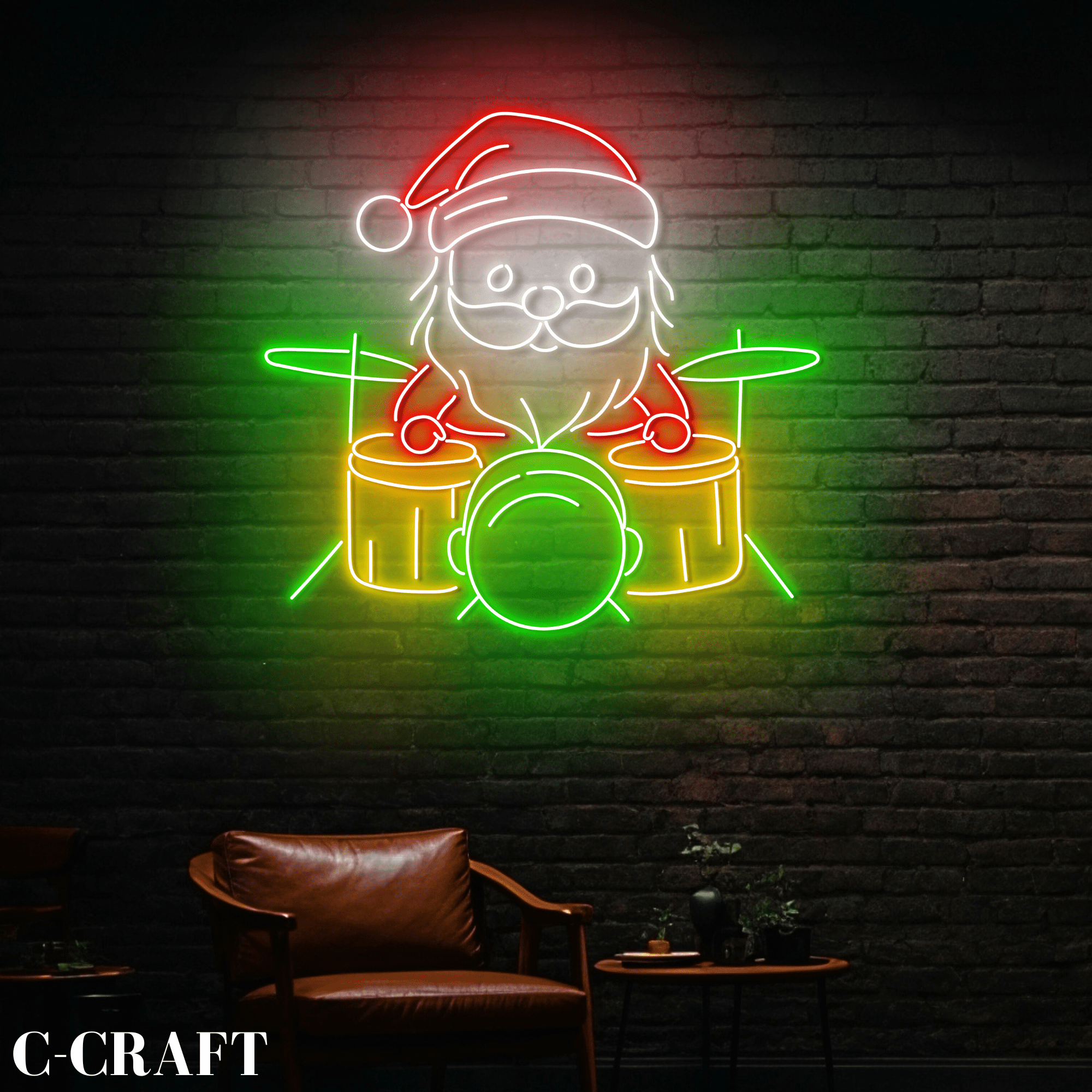 C-CRAFT Santa Claus Drummer Neon Led Light Wall Art for Music Drum Band ...