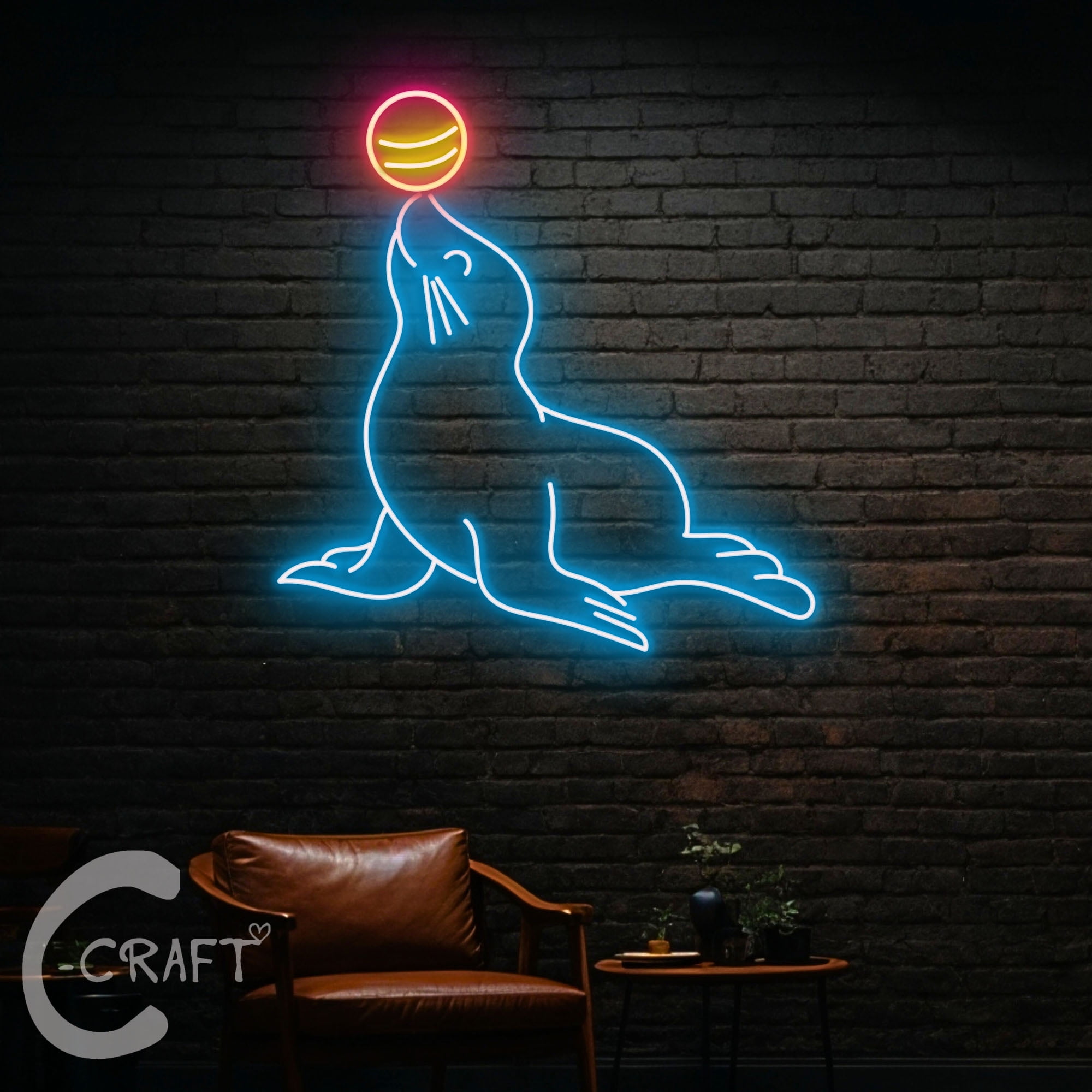 C-CRAFT Seal Play Ball Neon Sign LED Light 33 inch for Ocean Animal ...