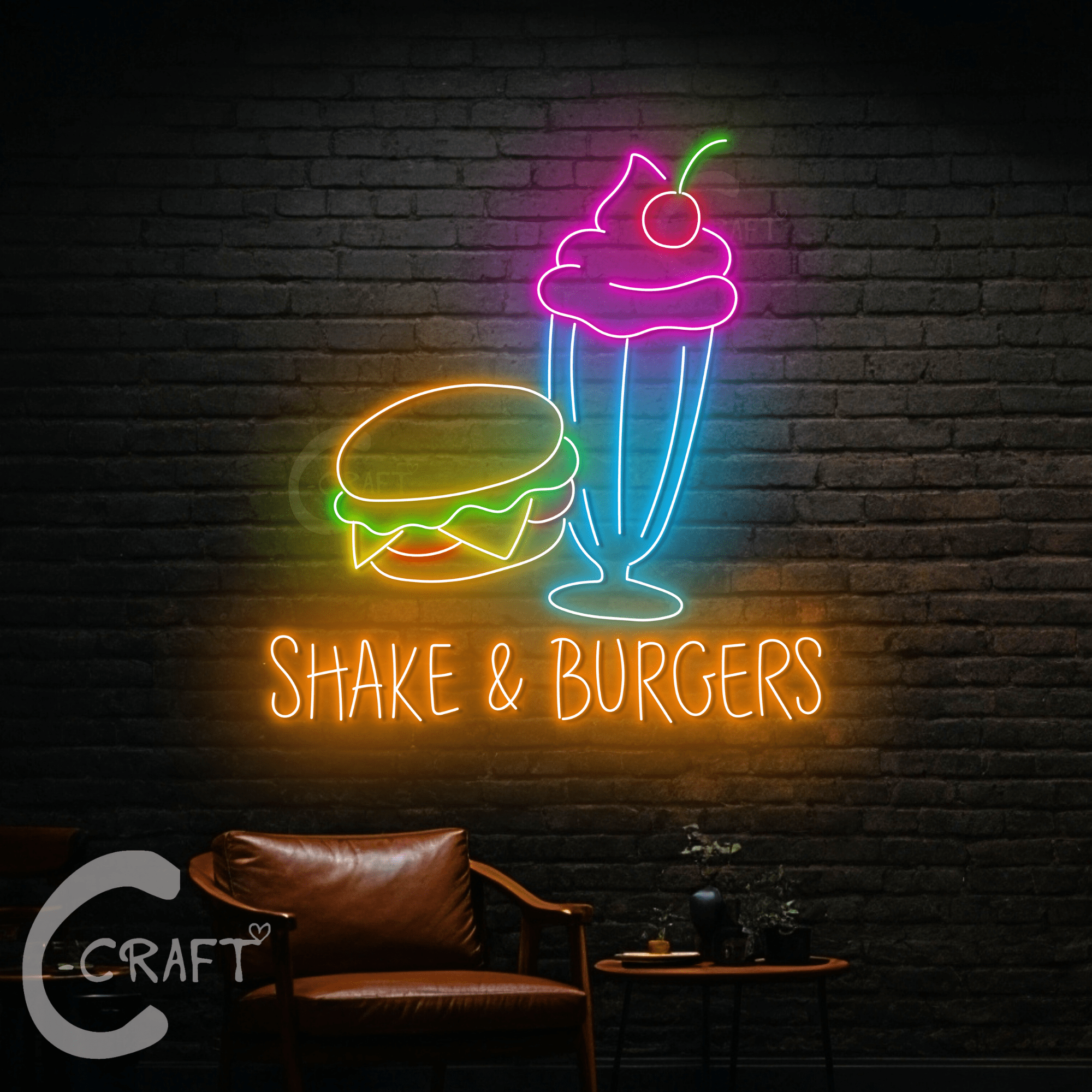 C-CRAFT Shakes & Burgers Neon Light Led Sign 27 inch for Milkshake ...