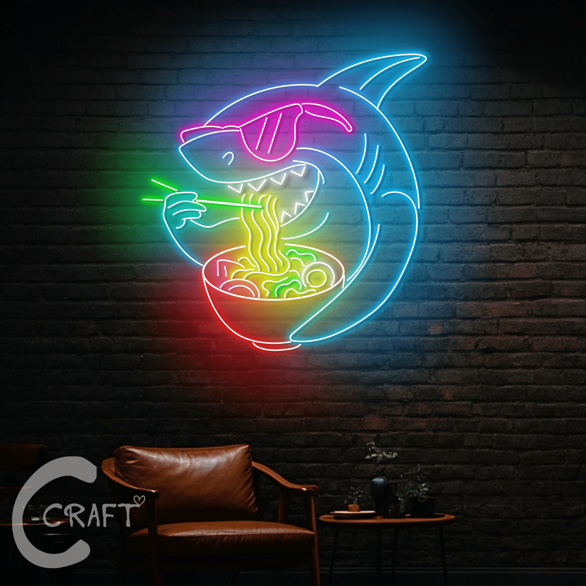 C-CRAFT Shark Eat Ramen Neon Led Light Sign 38 inch for Japanese Ramen ...