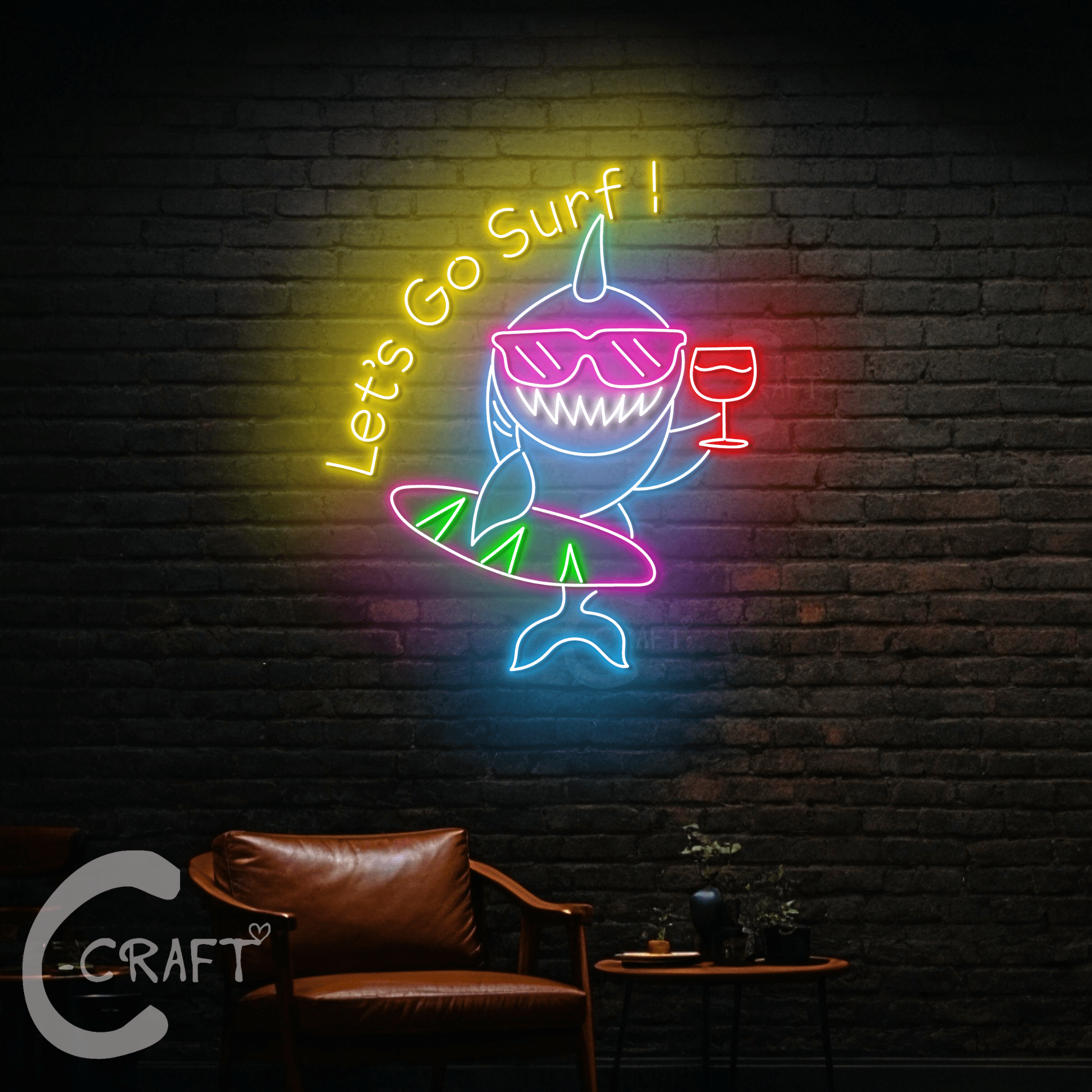 C-CRAFT Shark Surfing Neon Light Led Sign 35 inch for Surf Board Store ...