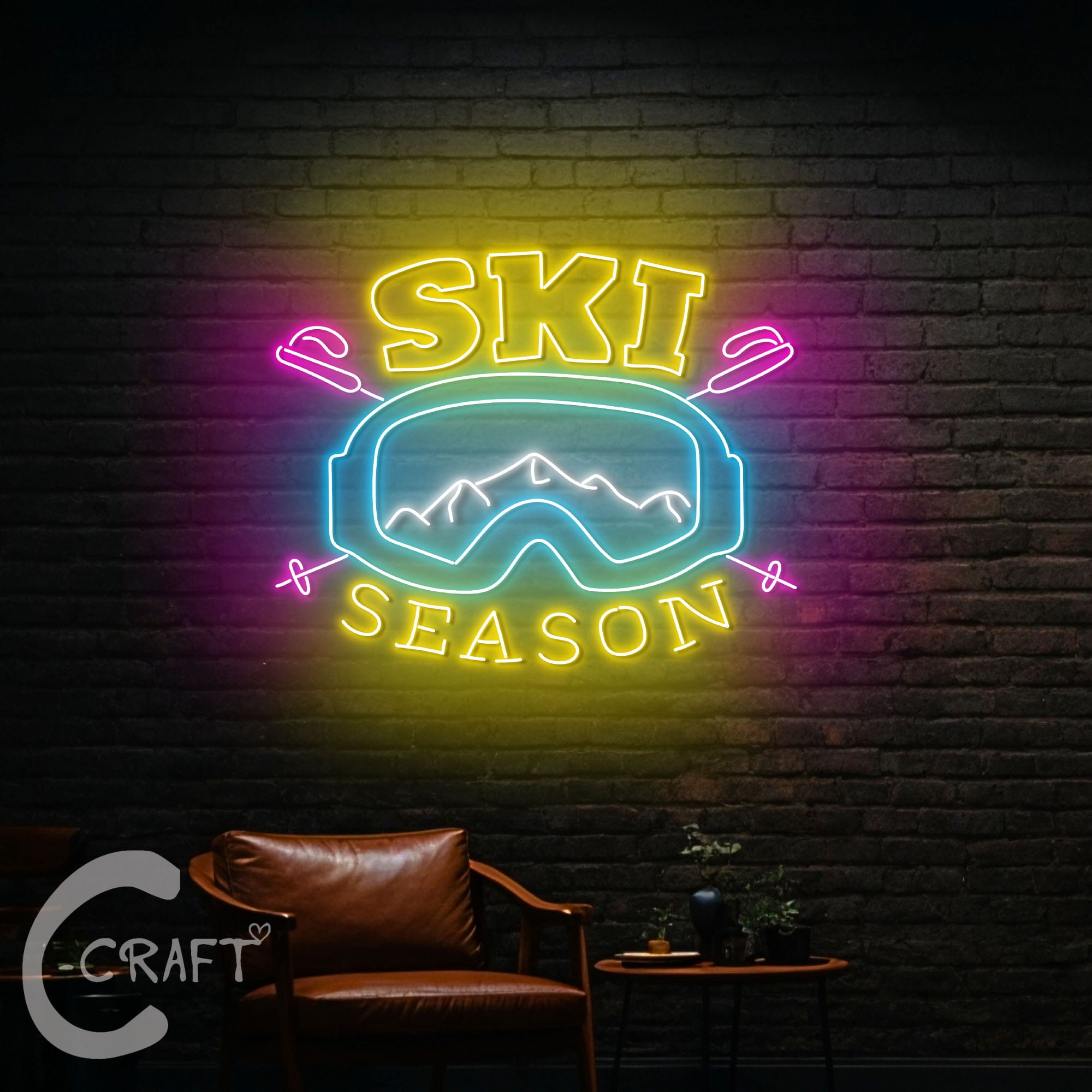 C-CRAFT Ski Season Neon Led Light Up 35 inch for Skiing Club Wall Decor ...