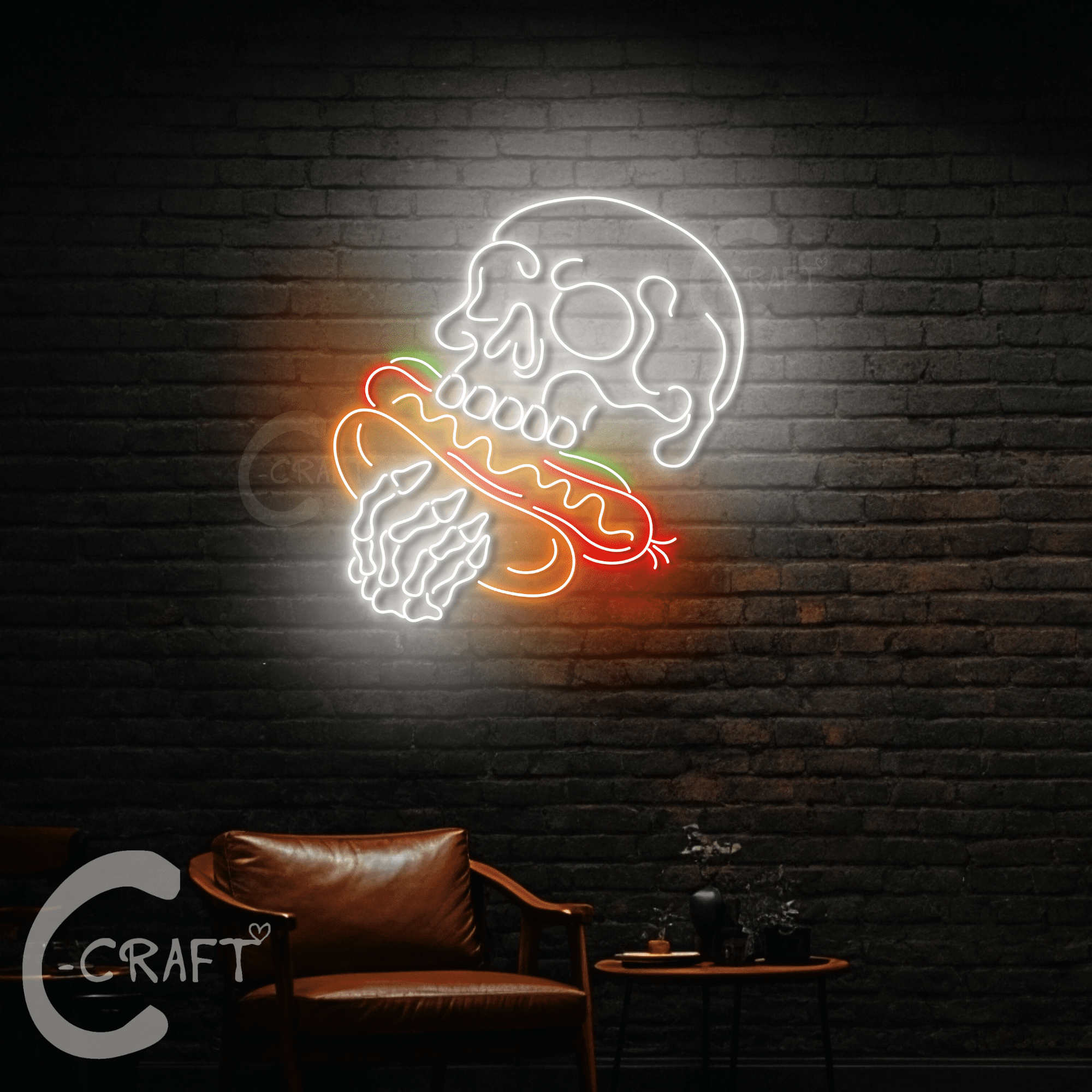 C-CRAFT Skull Hot Dog Neon Sign Led Light Up 23 inch for Fast Food ...