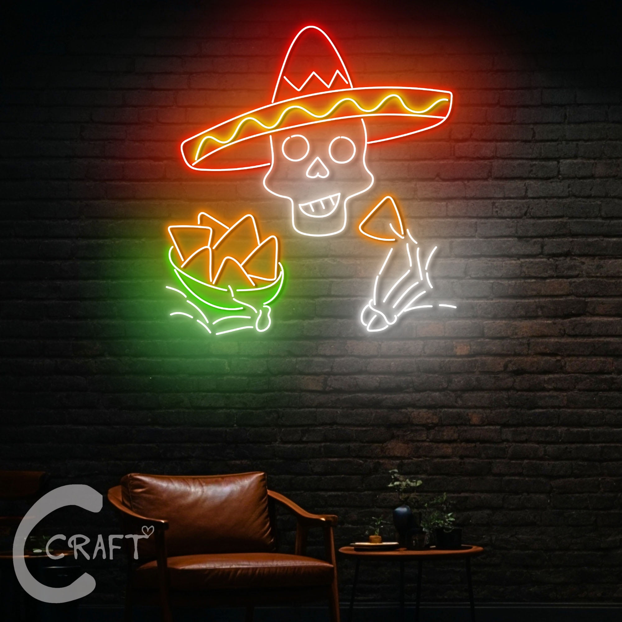 C-CRAFT Skull Nachos Mexican Hat Neon Led Light Up 35 inch for Nachos ...