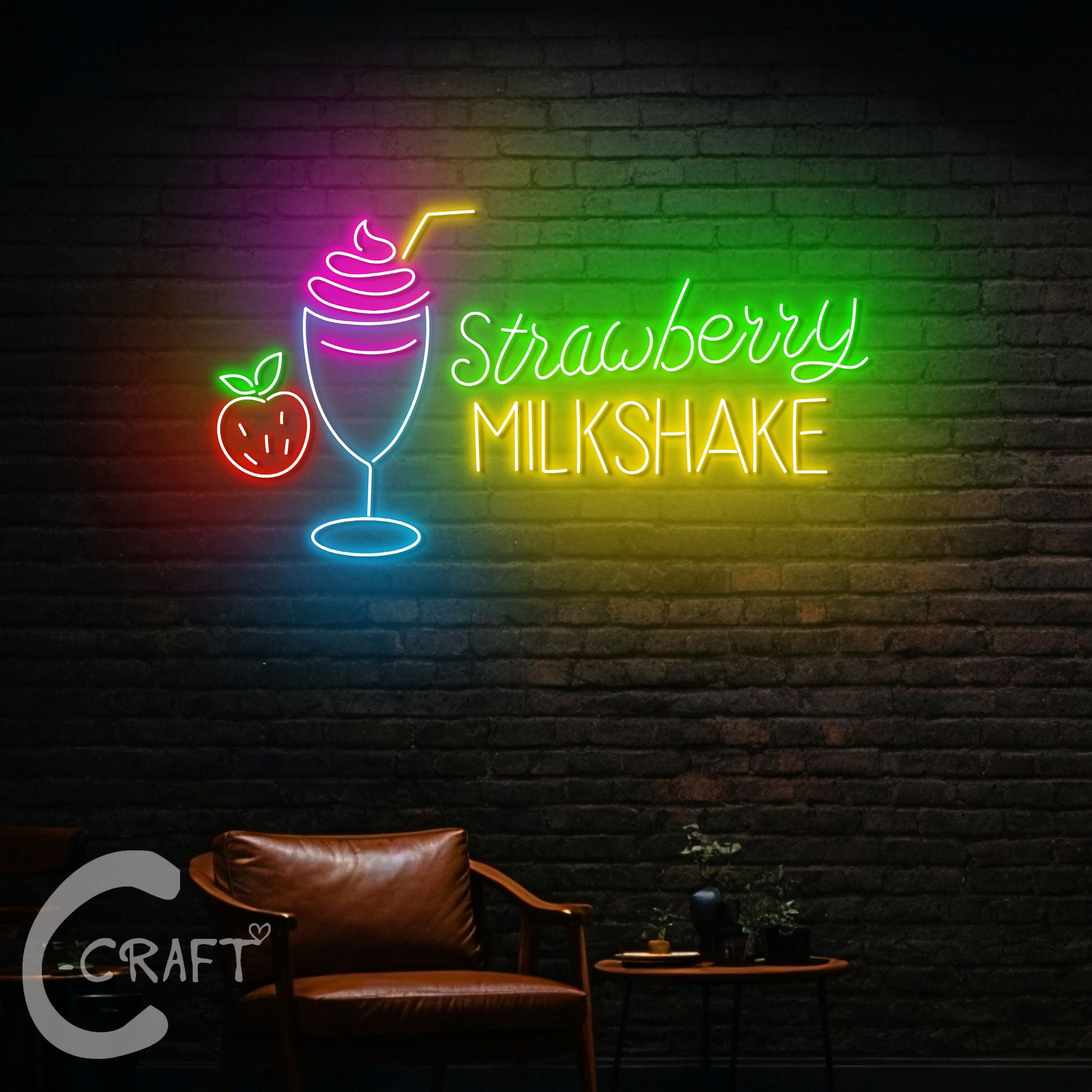 C-CRAFT Strawberry Milkshake Neon Led Light Up 30 inch for Dessert Ice ...
