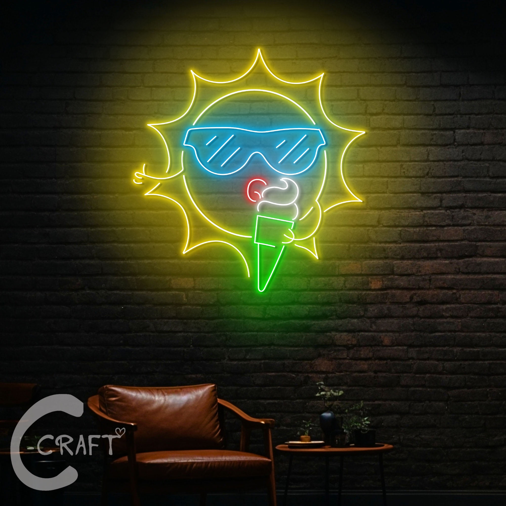 C-CRAFT Sun Ice Cream Neon Led Light Up 38 inch for Ice Cream Shop Wall ...