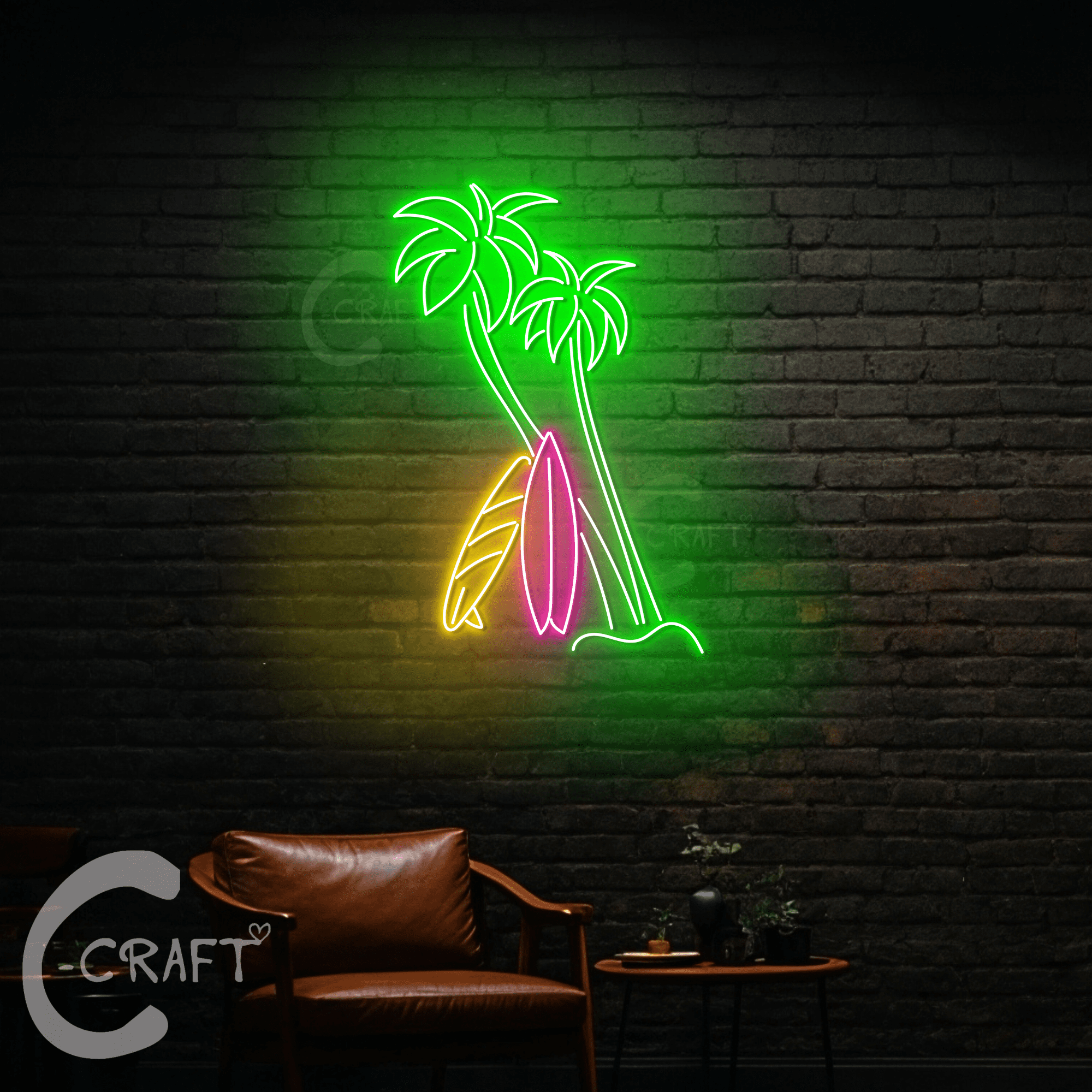 C-CRAFT Surfboard Palm Tree Neon Sign Led Light Up 30 inch for Beach ...