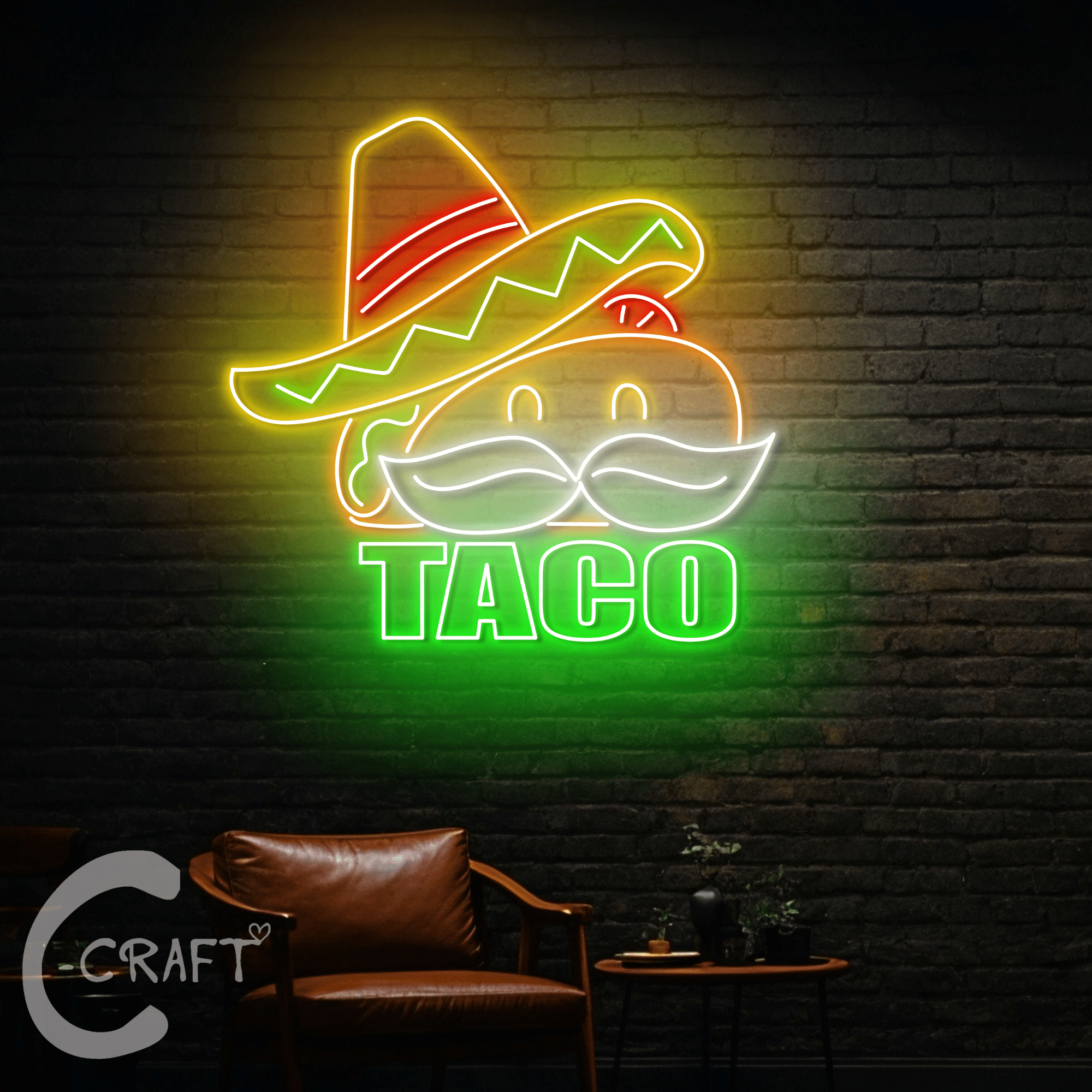 C-CRAFT Taco Mustache Neon Led Light Up 25 inch for Mexican Tacos ...