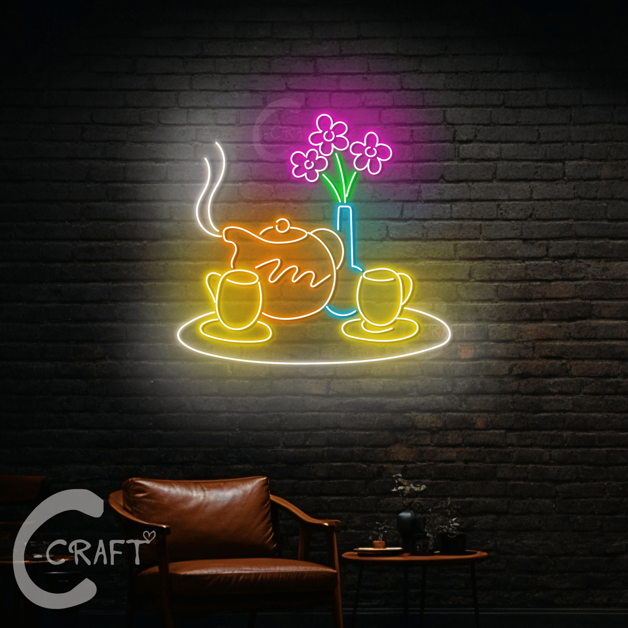 C-CRAFT Tea Kettle Cup Set Neon Sign Led Light Up 35 inch for Coffee ...