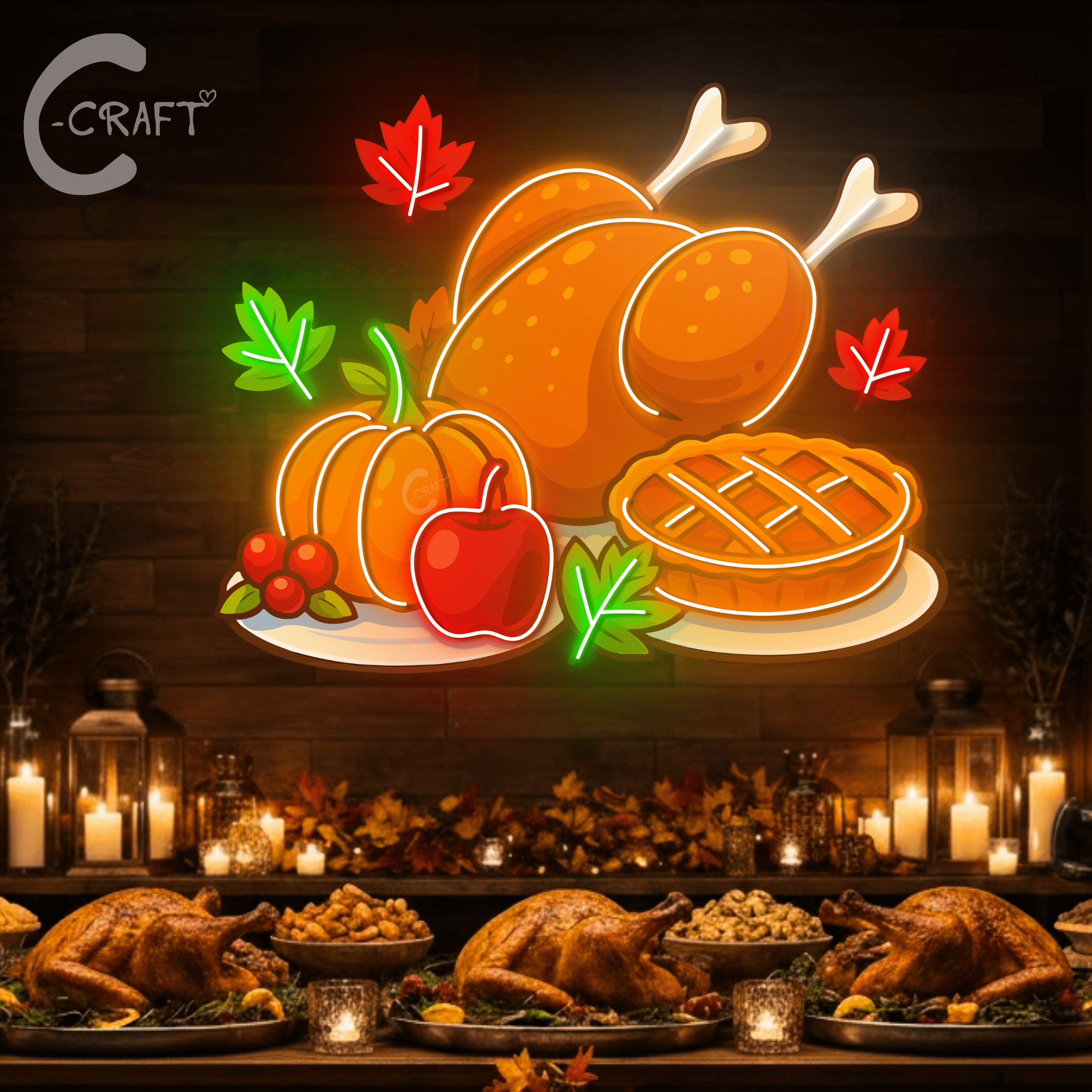 C-CRAFT Thanksgiving Turkey Dinner Neon Light Sign 25 Inches, Autumn ...
