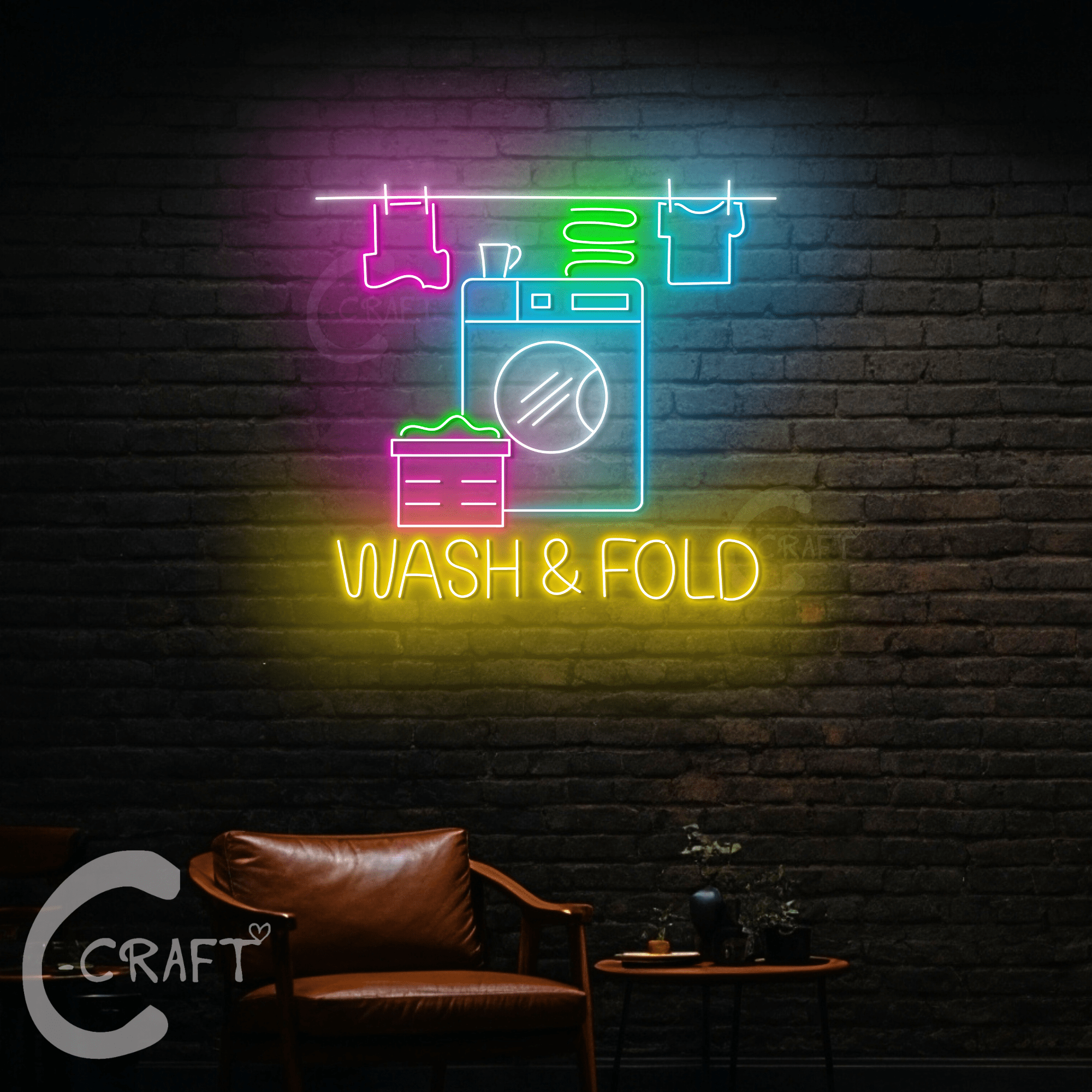 C-CRAFT Wash & Fold Neon Sign Led Light Up 30 inch for Laundry Shop ...