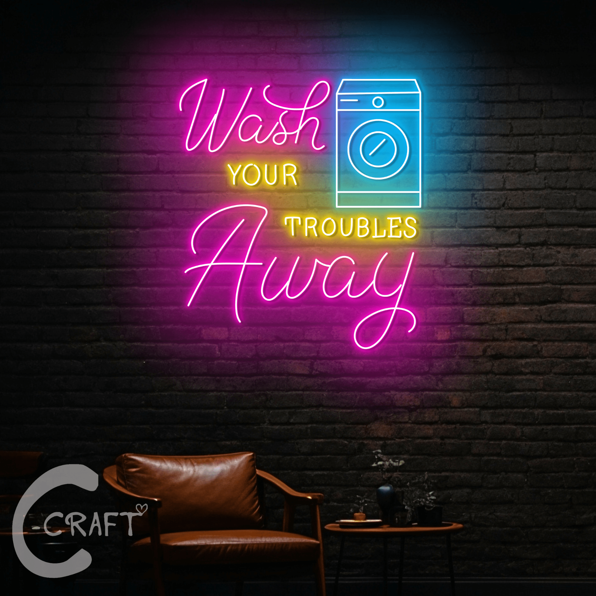 C-CRAFT Wash Your Troubles Away Neon Sign LED Light 35 inch for Laundry ...