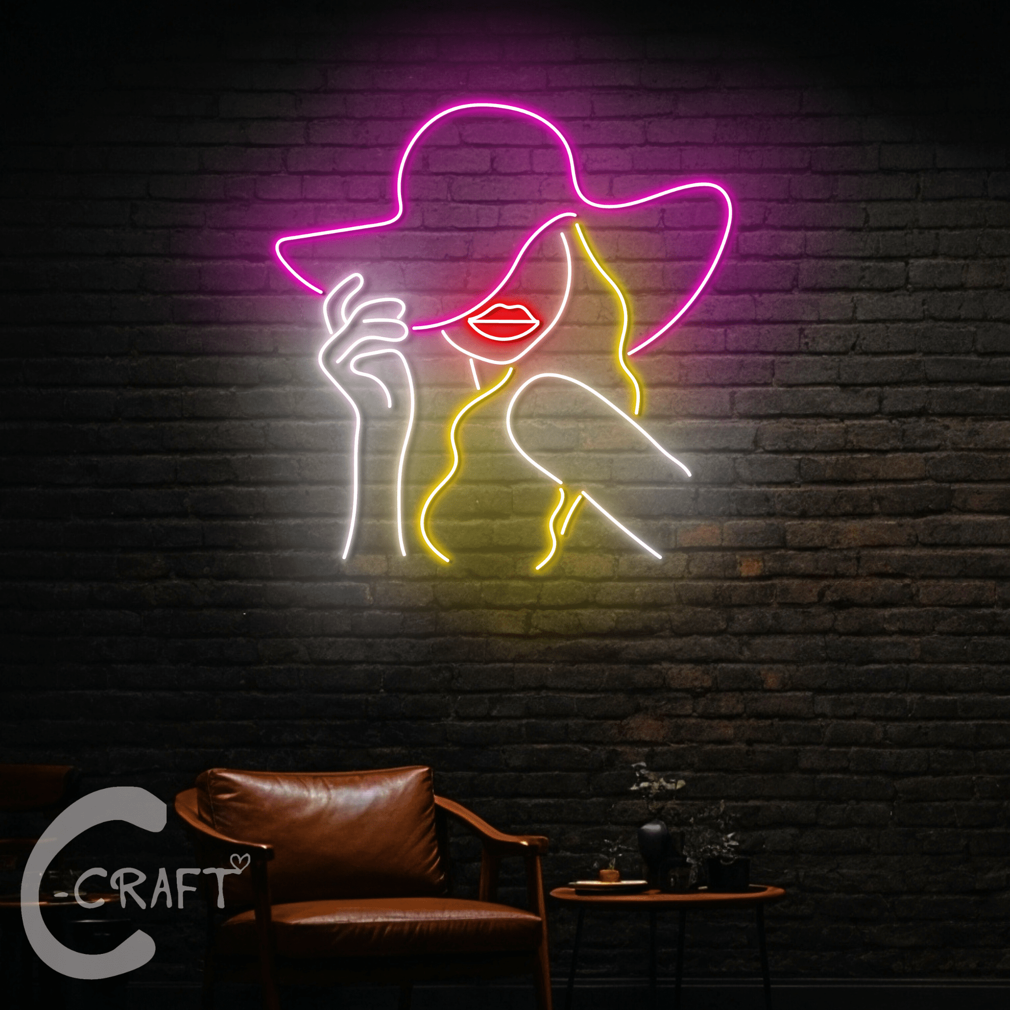 C-CRAFT Woman In Hat Neon Led Light Up 23 inch for Clothing Shop Wall ...