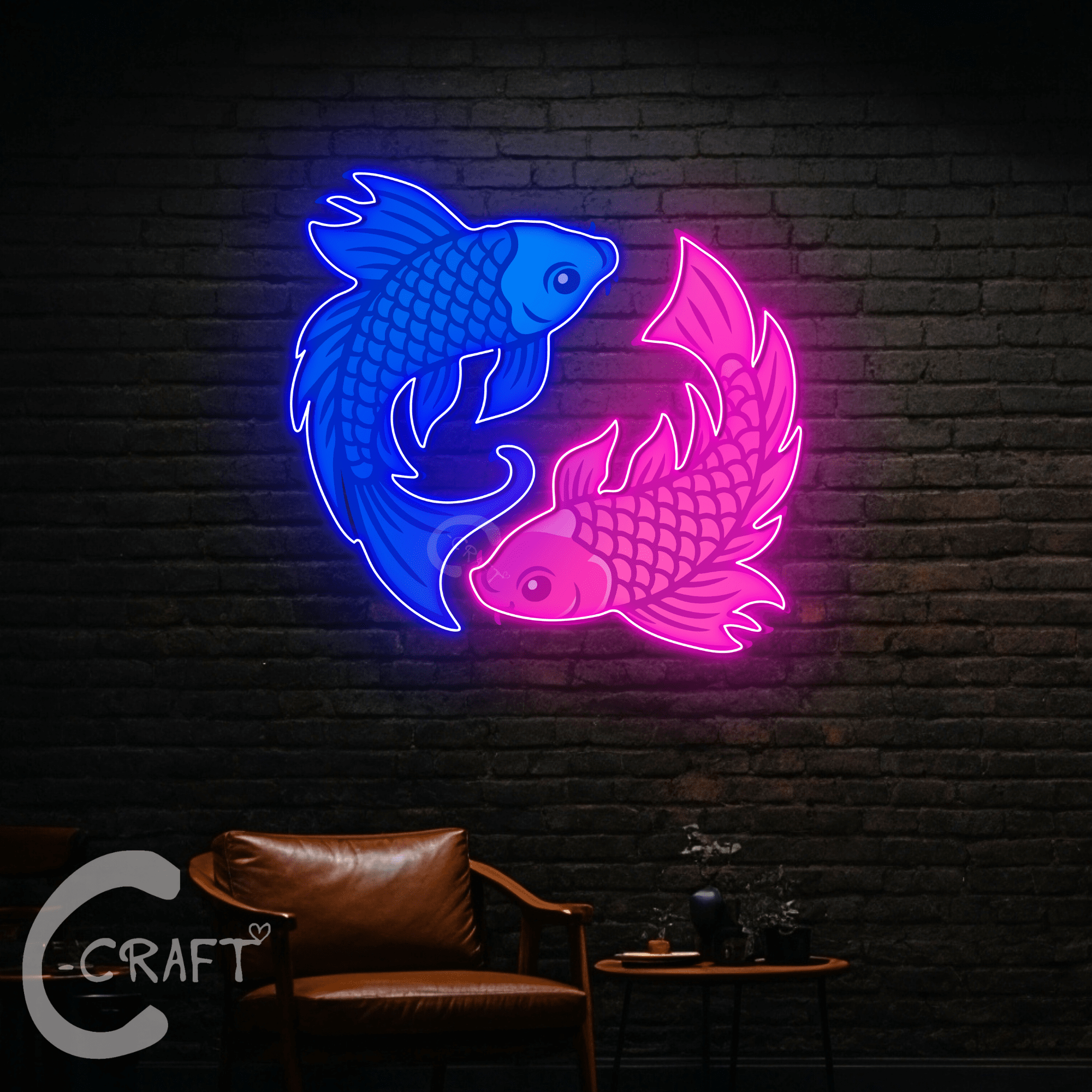 C-CRAFT Yin Yang Koi Fish UV Printed Led Neon Sign 33 inches, Japanese ...
