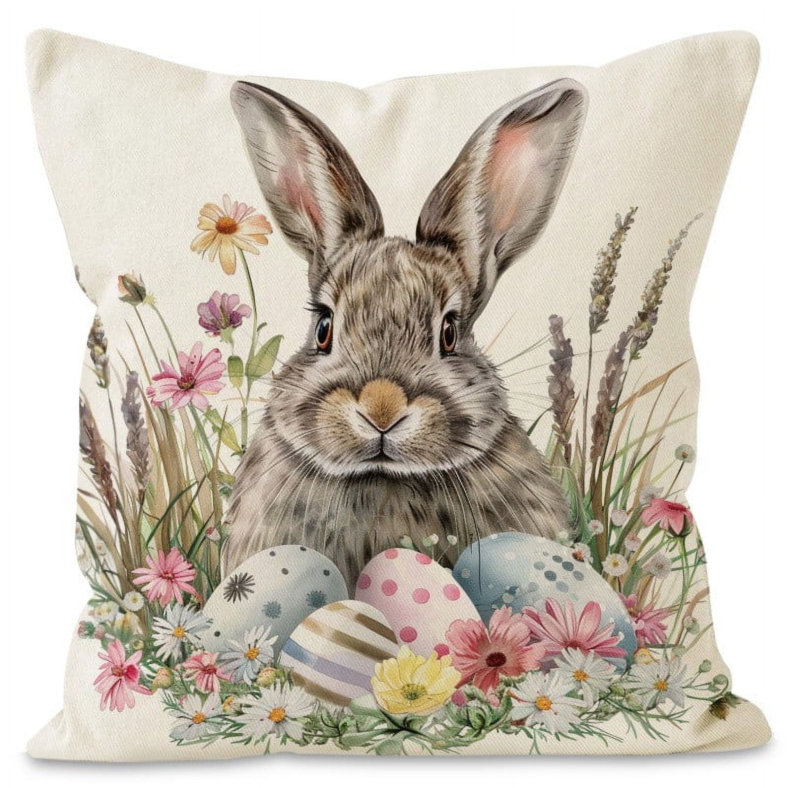 C Easter Bunny Flower Pattern Pillow Cover Linen Border For Sofa ...
