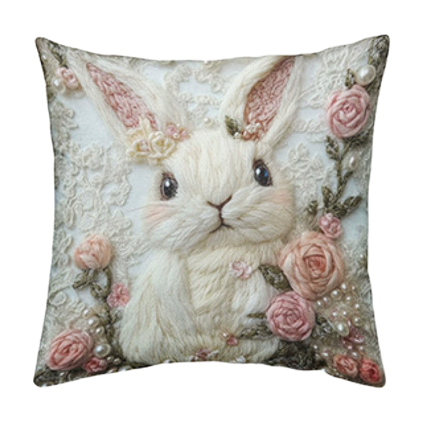 C Easter Faux Embroidery Printed Throw Pillow Cover, 45X45Cm Bunny Rose ...