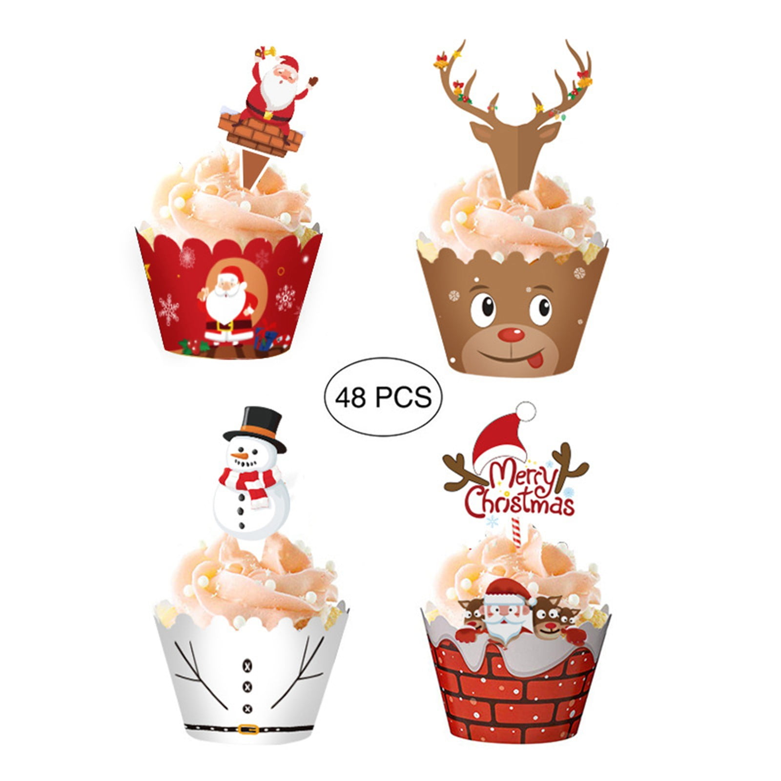 C /Favors Cupcake Toppers Wrappers Snowman/Santa Christmas 48PCS Cake ...
