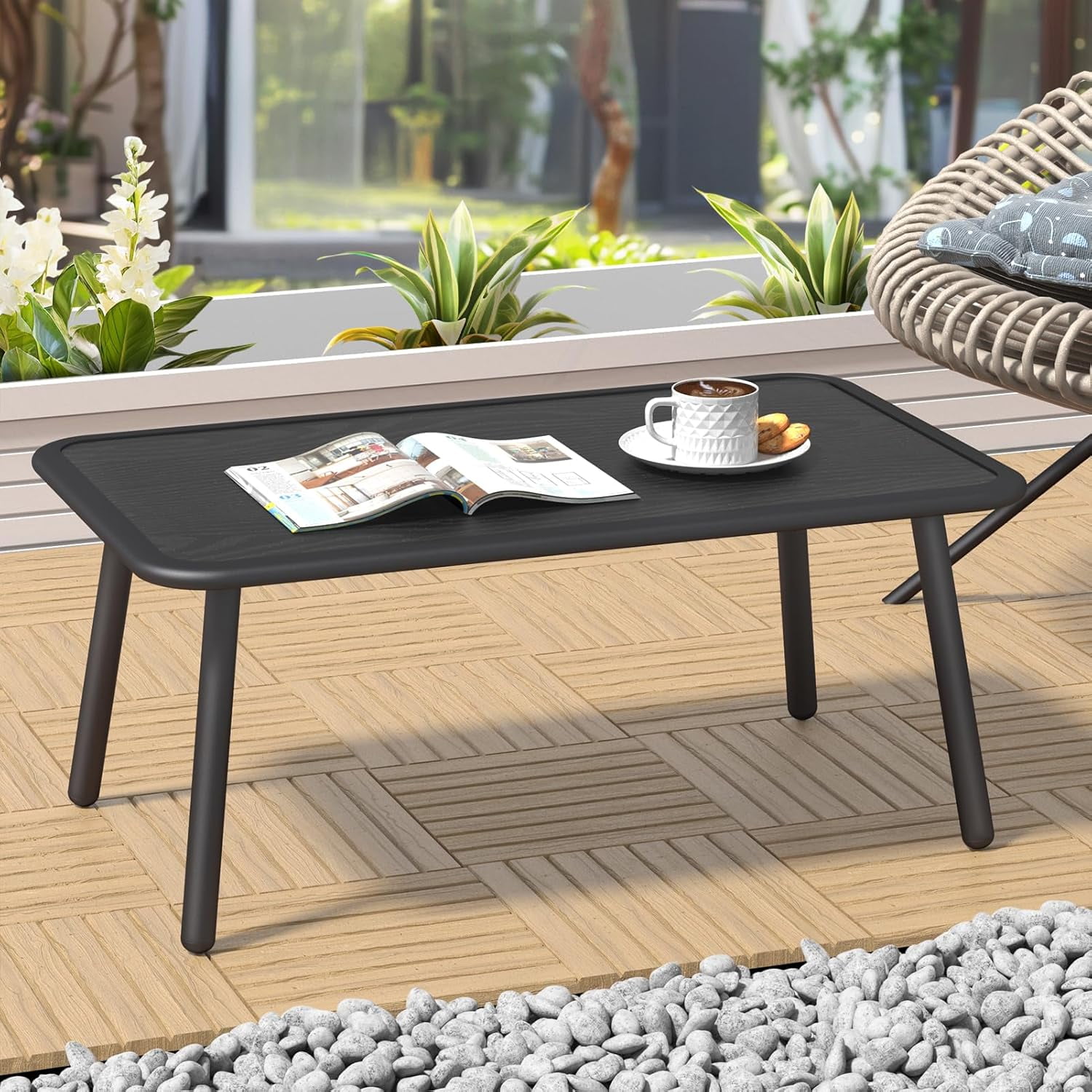 Small Rectangle Outdoor Side Coffee Table for Outside Patio, Black ...