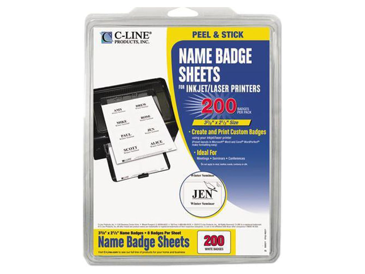 C-Line Laser Printer Name Badges, 3 3/8 x 2 1/3, White, 200/Box ...