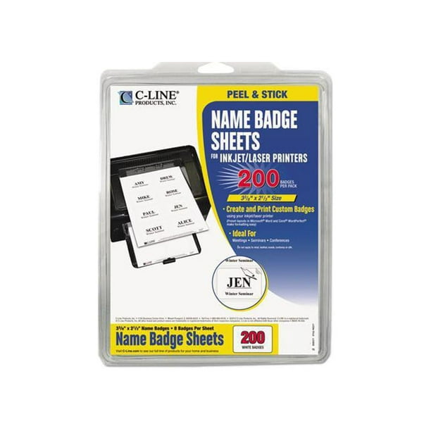 C-Line Laser Printer Name Badges, 3 3/8 x 2 1/3, White, 200/Box ...