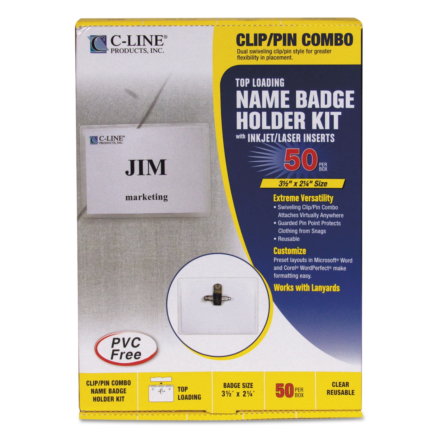 C-Line Plastic Clip Holders, Pin Style, Top Load Name Badge Kits, 3 1/2 ...