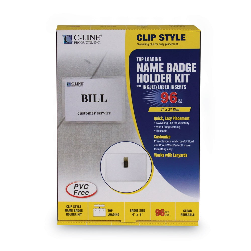 C-Line Name Badge Kits, Top Load, 4 x 3, Clear, Clip Style, 96/Box ...