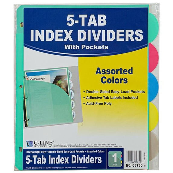 C-Line Products 5 Tab Poly Index Dividers with Slant Pocket Assorted 5 ...