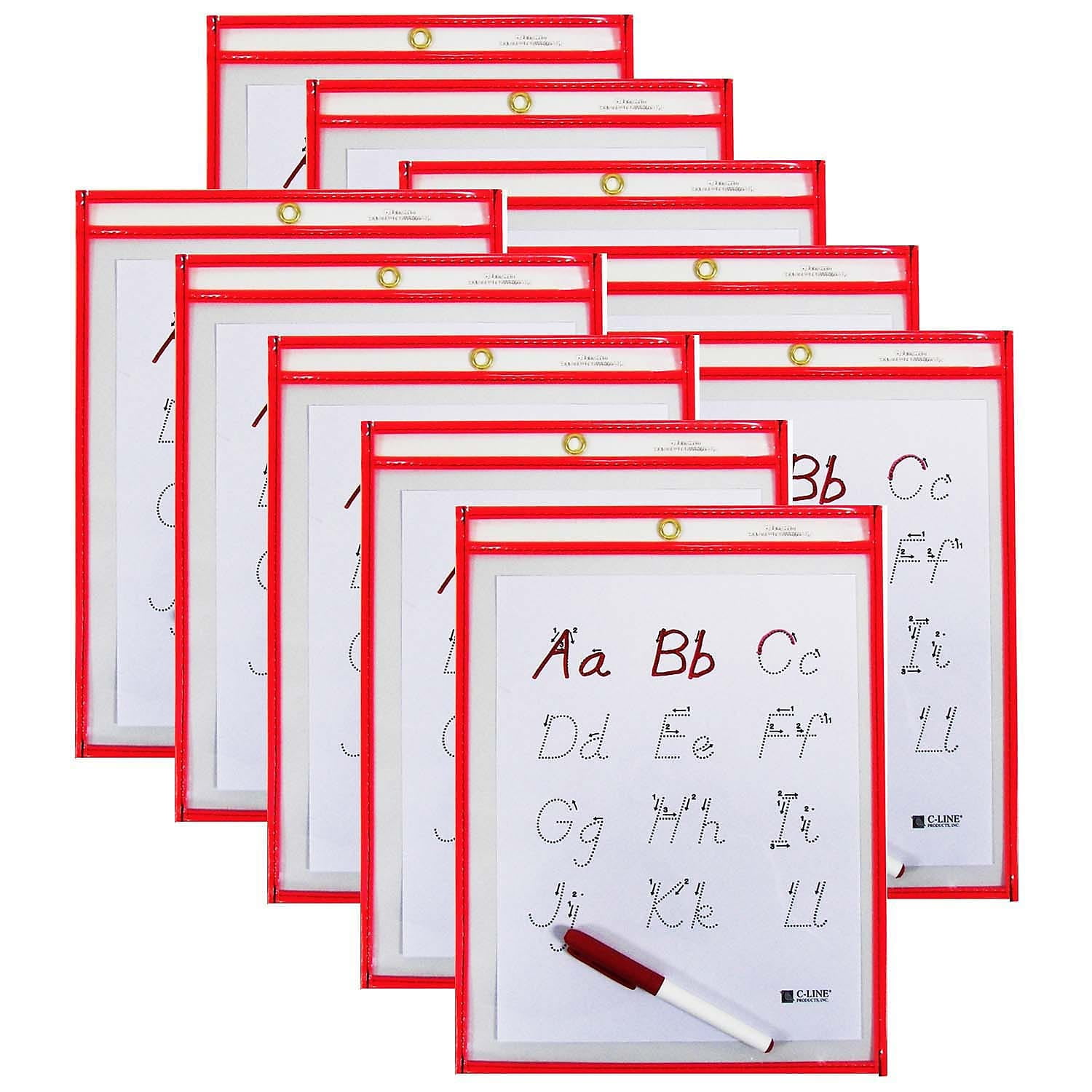 C-Line Reusable Dry Erase Pocket - Study Aid, Neon Red, 9" x 12", Pack ...
