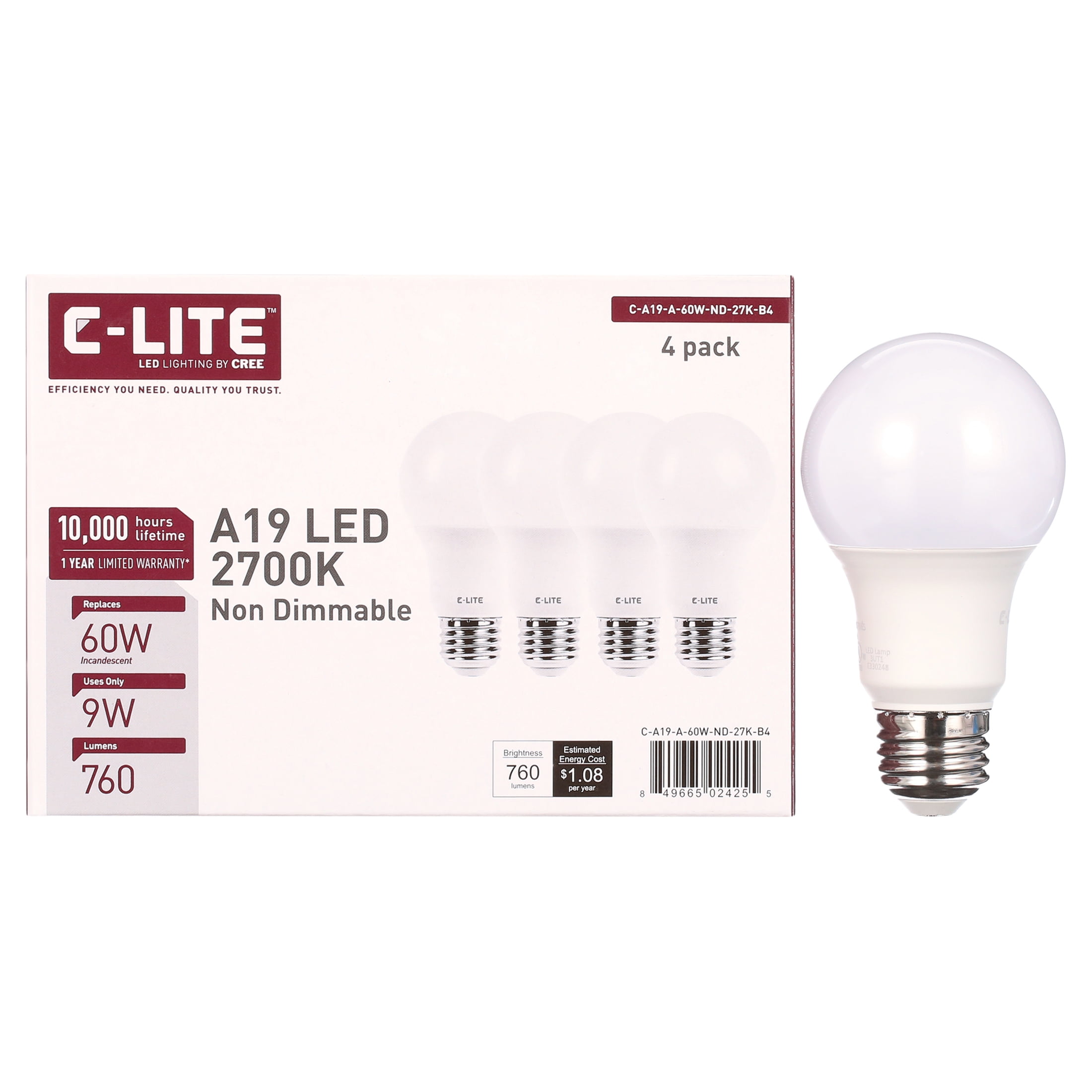 C-Lite A19 60W Equivalent LED Bulb, 750 Lumens, Non-Dimmable, Soft ...