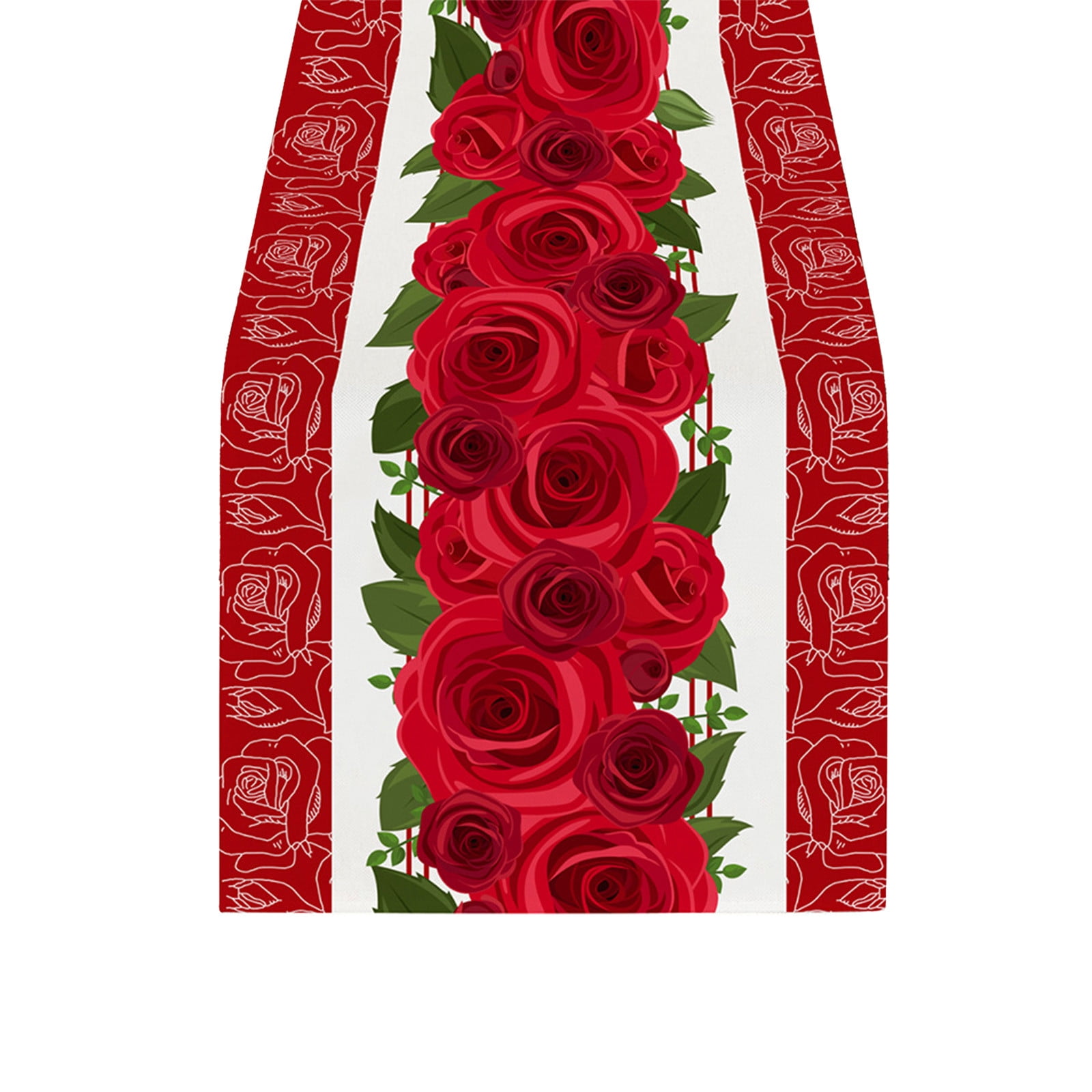 C Printed Linen Table Runner With Heart And Rose Design Wrinkle ...