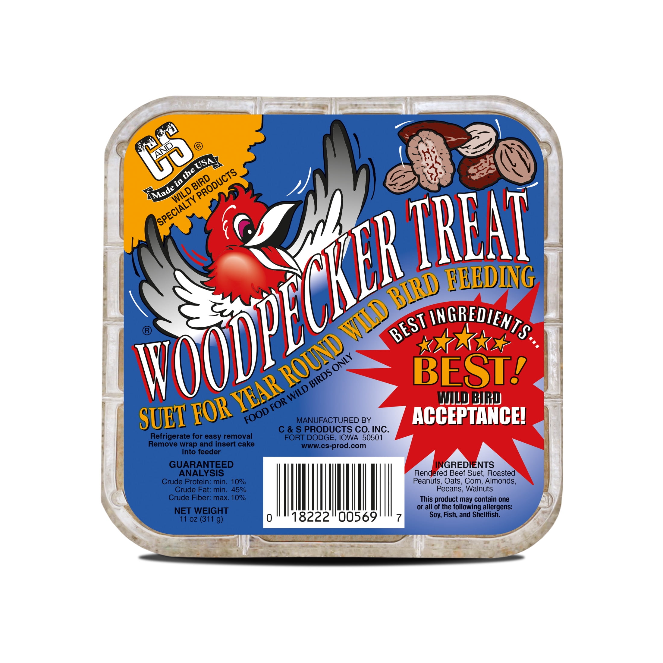 C & S Products Premium Blend Woodpecker Suet Treat, 11 oz Cake, Wild ...