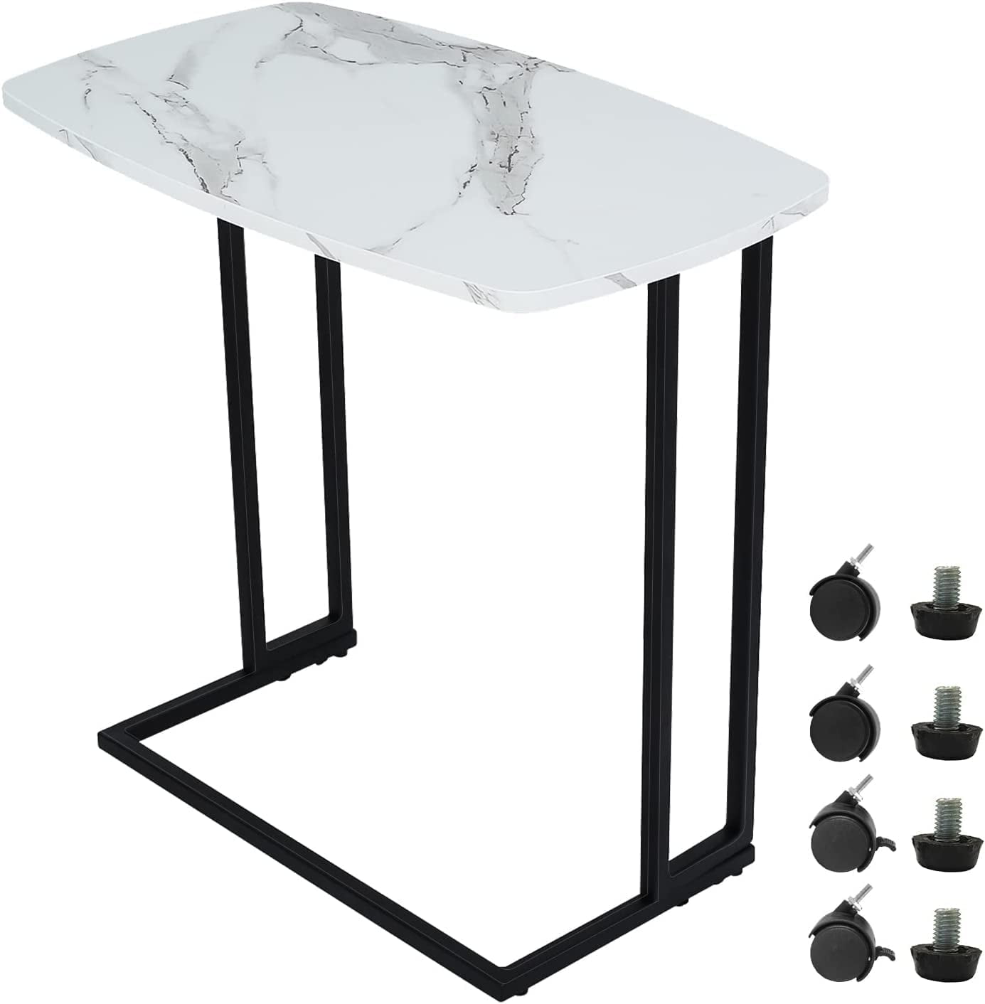 C Shape Coffee Table TV Tray with Removable Wheels, White Marble ...
