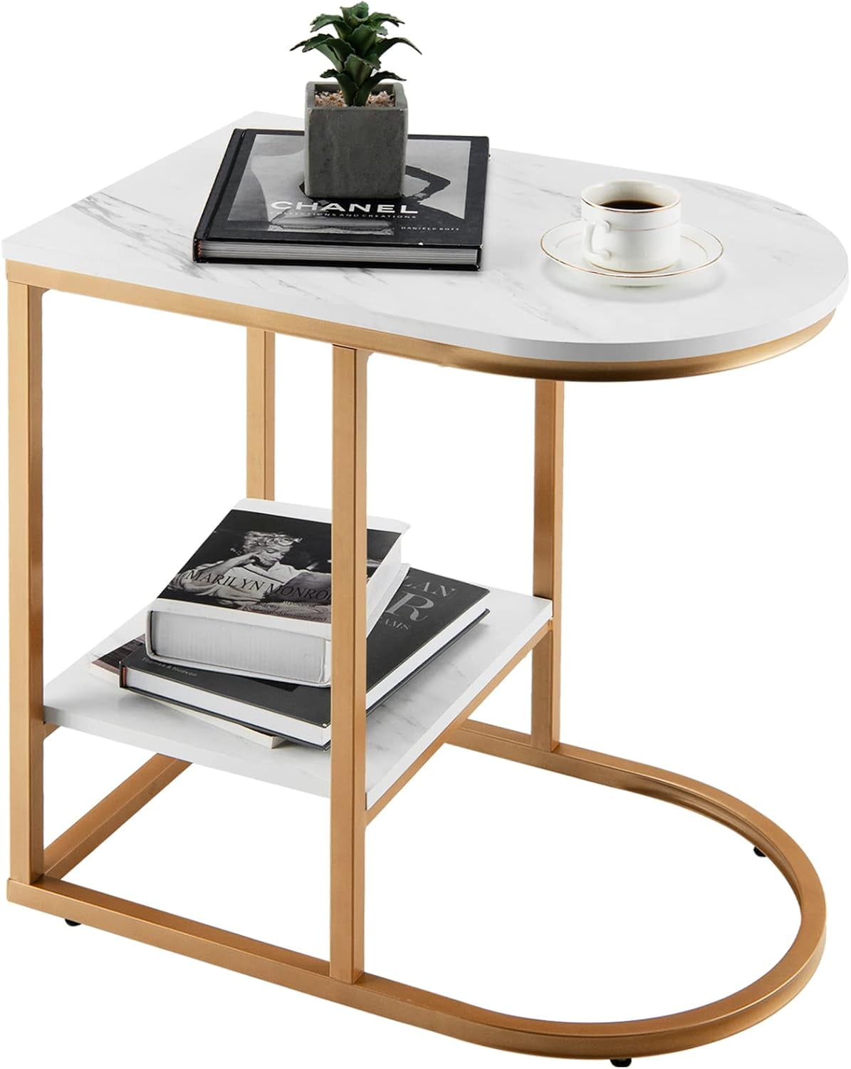 C-Shape Side Table, 2-Tier Faux Marble C Table with Storage Shelf ...