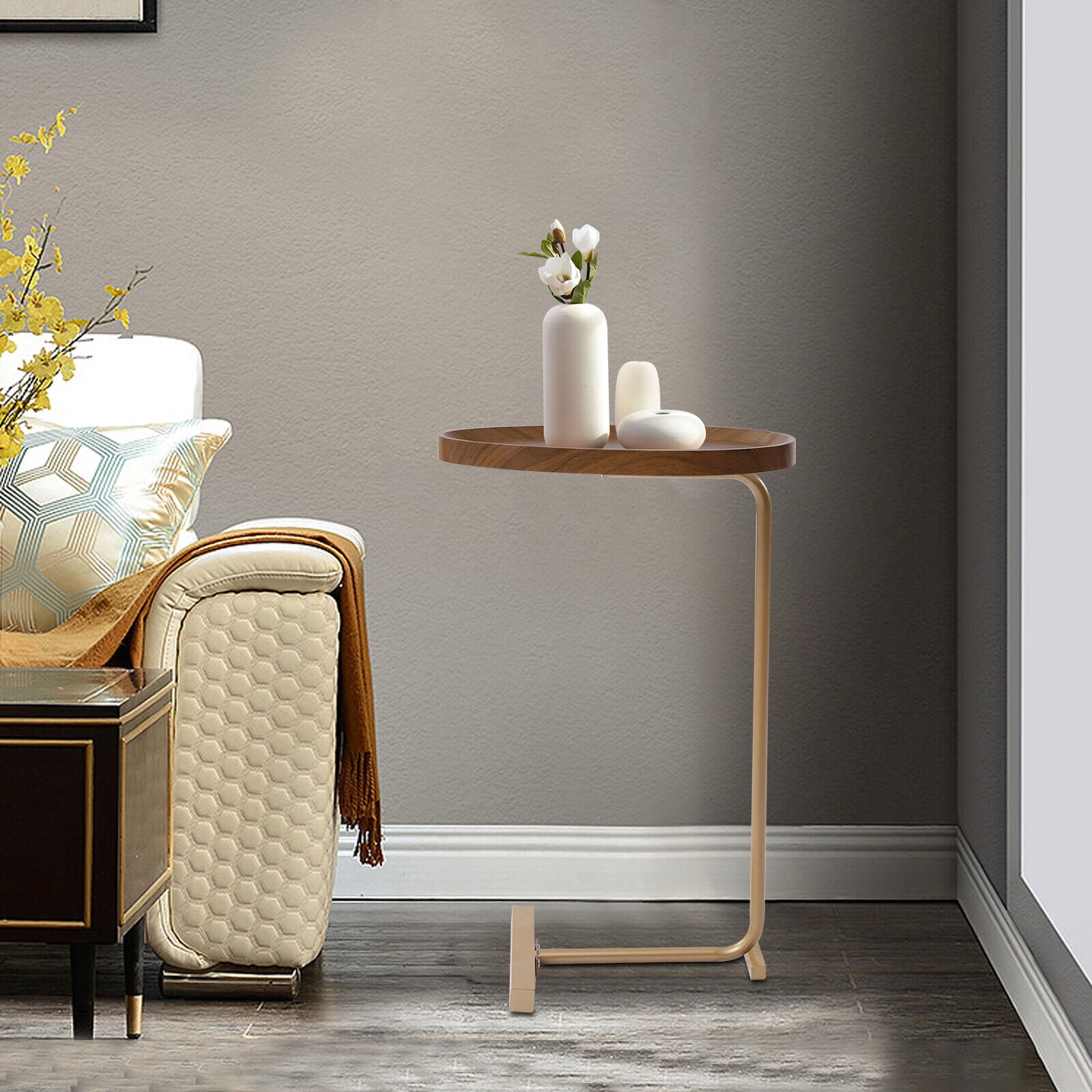 C-Shaped Coffee Table Bed Side Table Gold + Walnut End Table Laptop ...