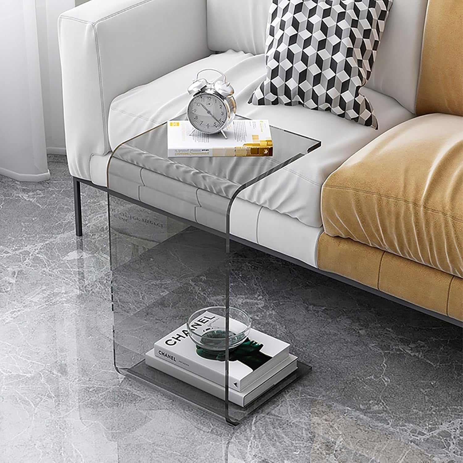 C Shaped End Acrylic Sofa Side Design Clear Decor Display End for Living Room (Color Gris Size ...