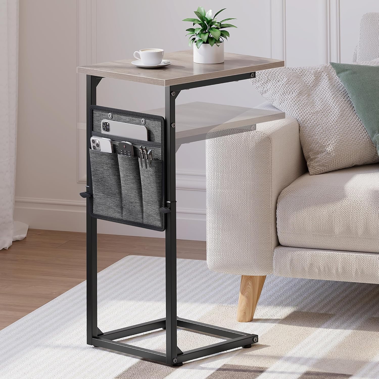 C Shaped End Table, 33" Tall Side Table for Couch, Adjustable Height ...