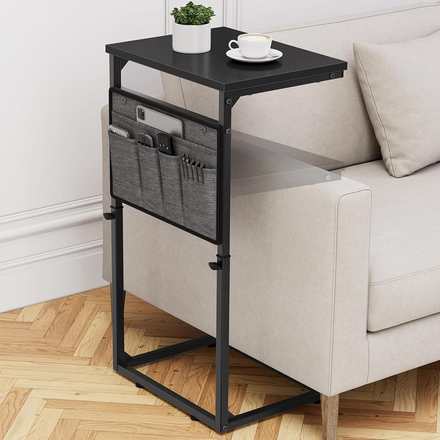 C Shaped End Table, 33'' Tall Side Table for Couch, Adjustable Height ...