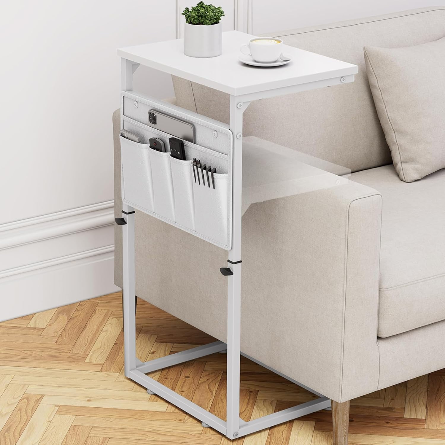 C Shaped End Table, 33'' Tall Side Table for Couch, Adjustable Height ...