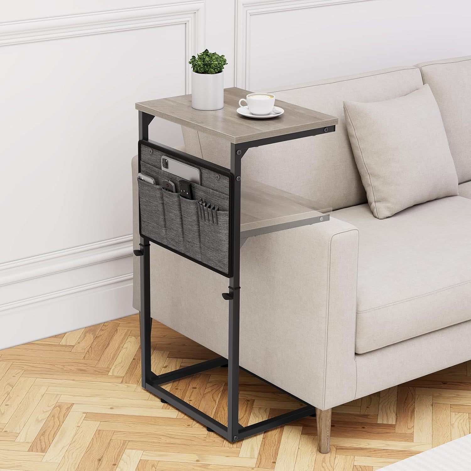 C Shaped End Table, 33'' Tall Side Table for Couch, Height Adjustable ...