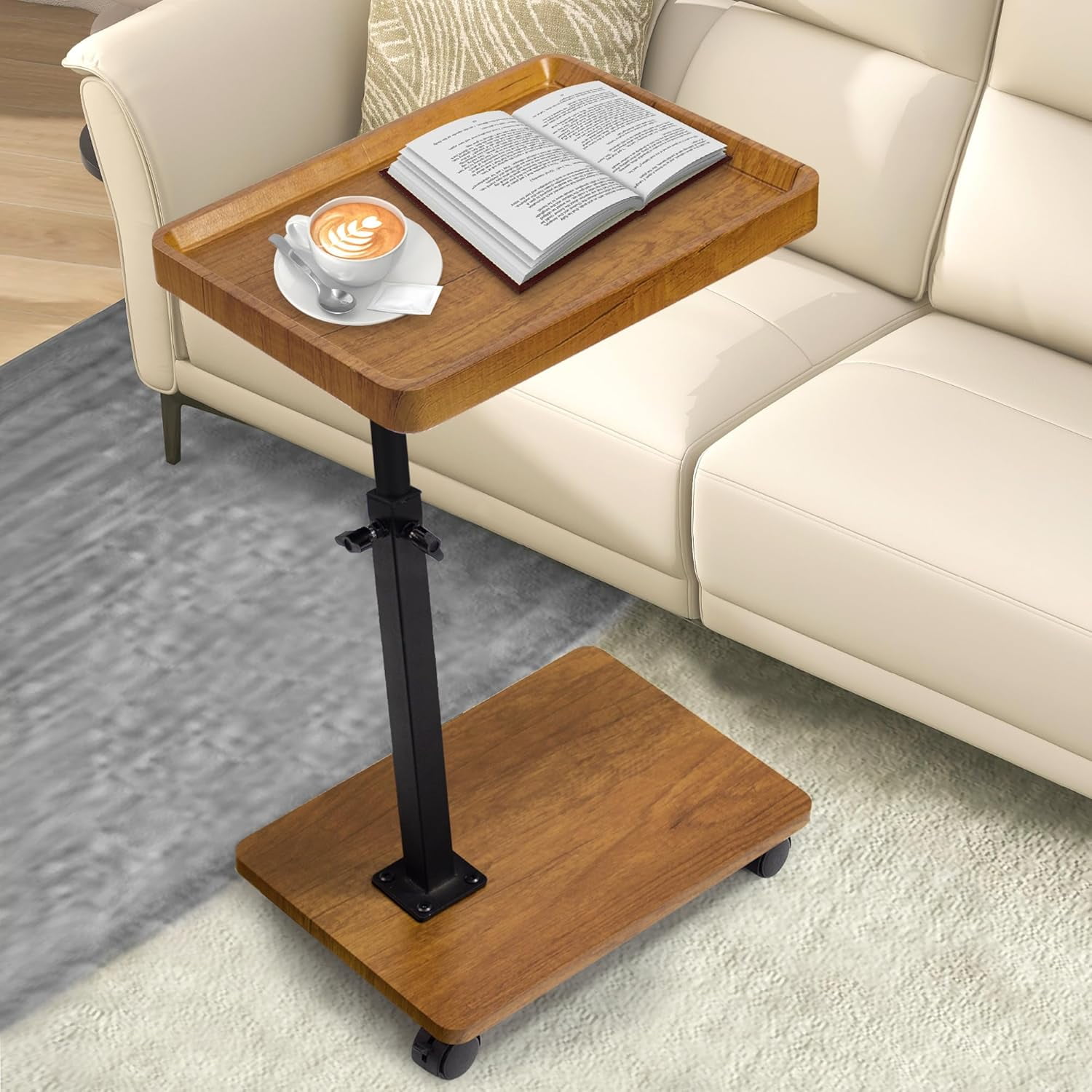 C Shaped End Table Adjustable Height, 360° Swivel Side Table with Wheels, Small TV Tray C Table ...