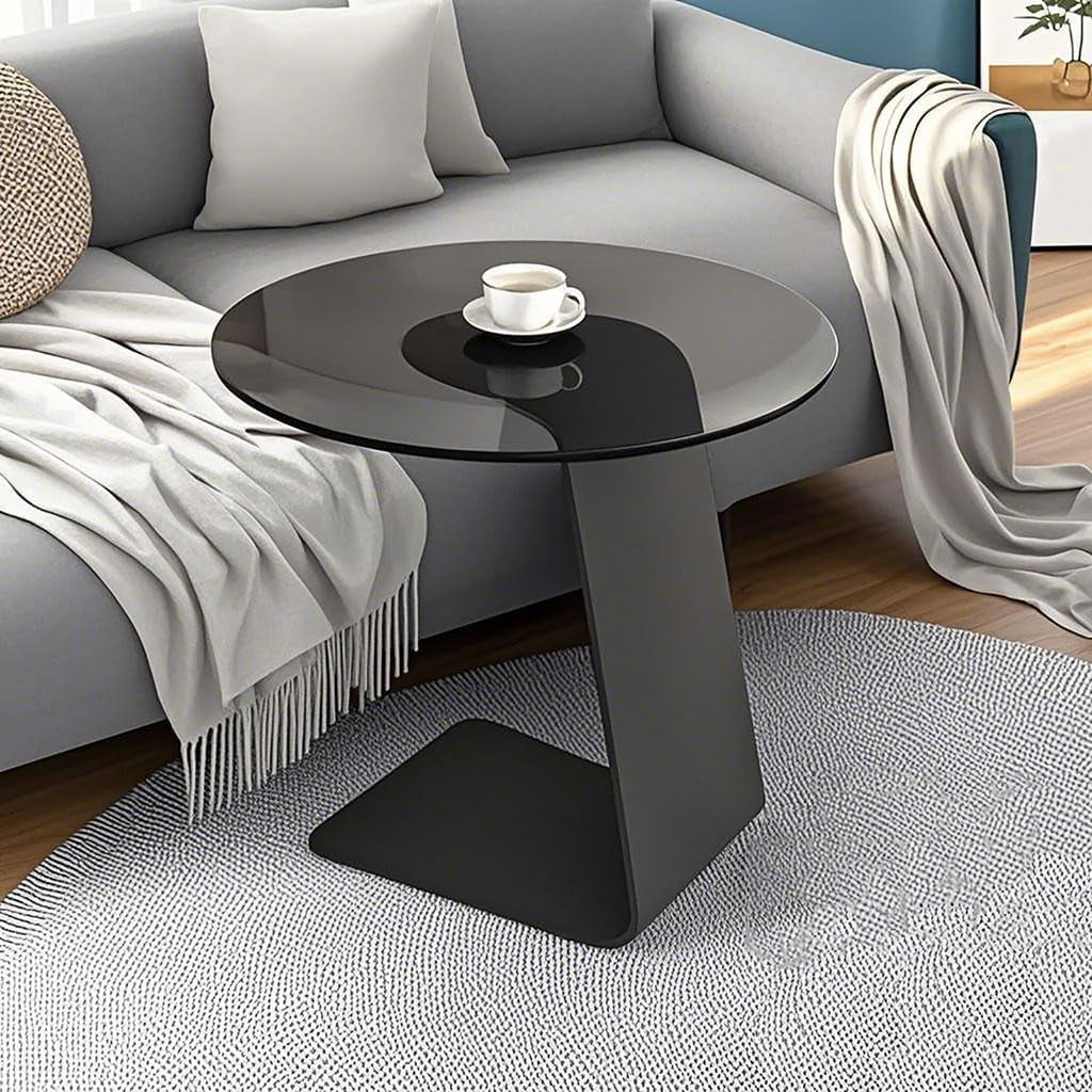 C Shaped End Table, Black Metal Frame Sofa Side Table, Round Tempered ...