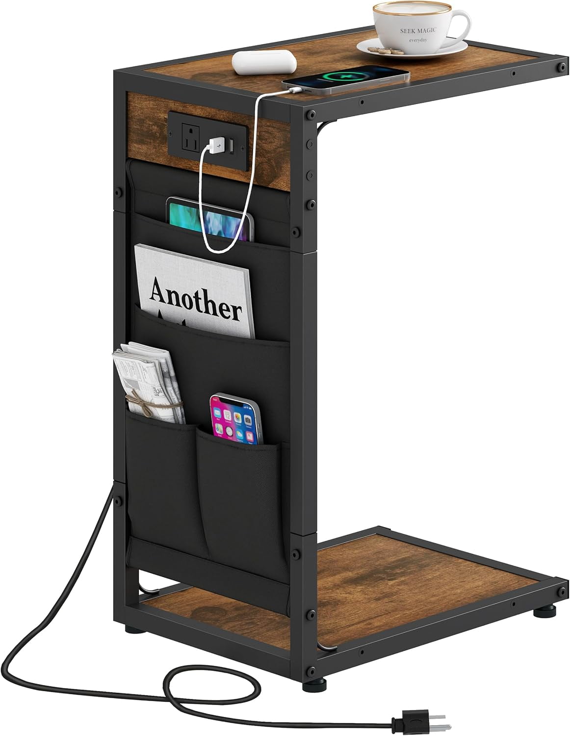 C Shaped End Table with Charging Station, 2-Tier C Couch Table with Storage Bag and Storage ...