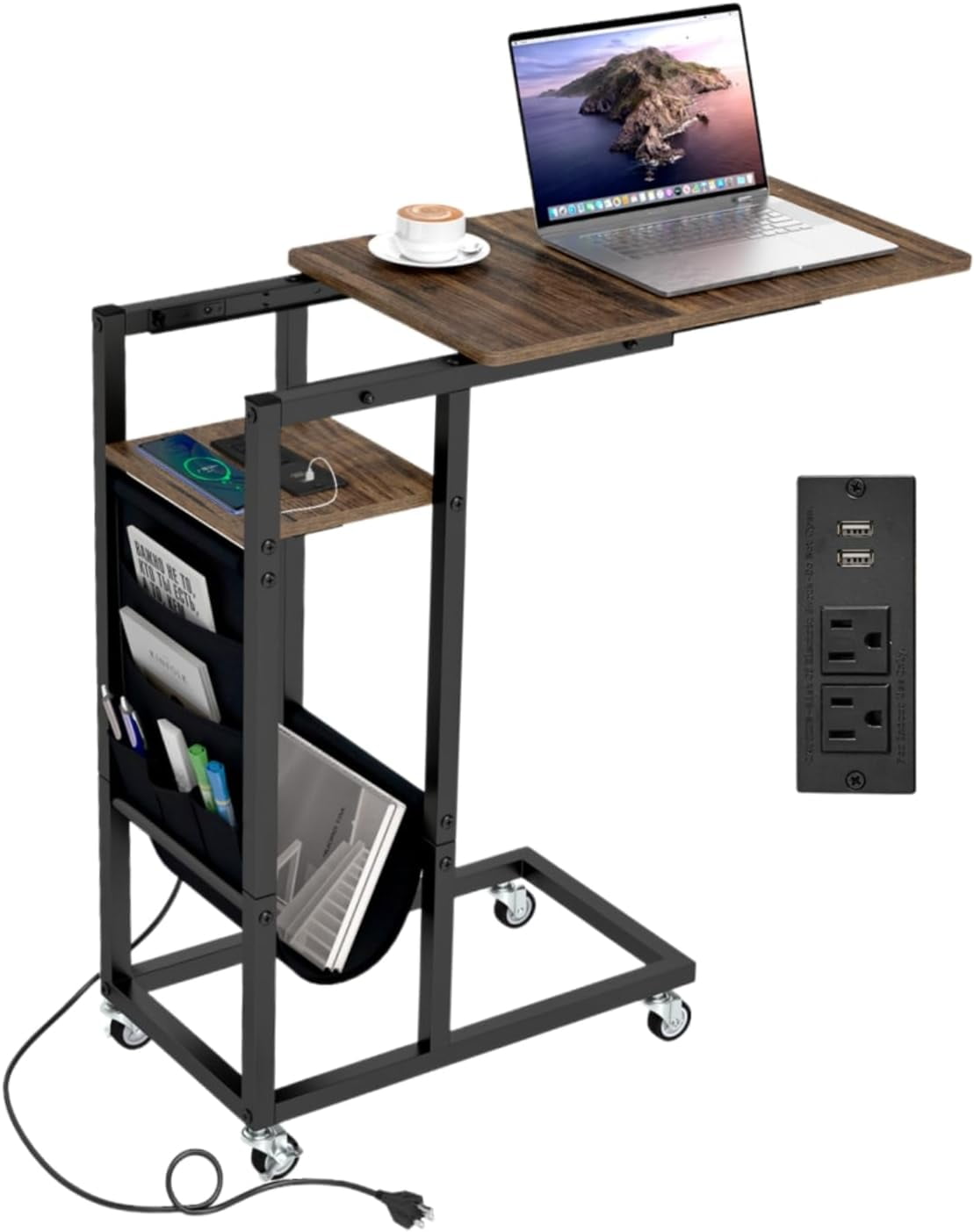 C Shaped End Table with Charging Station, 27’’H Slide Under Couch Side ...