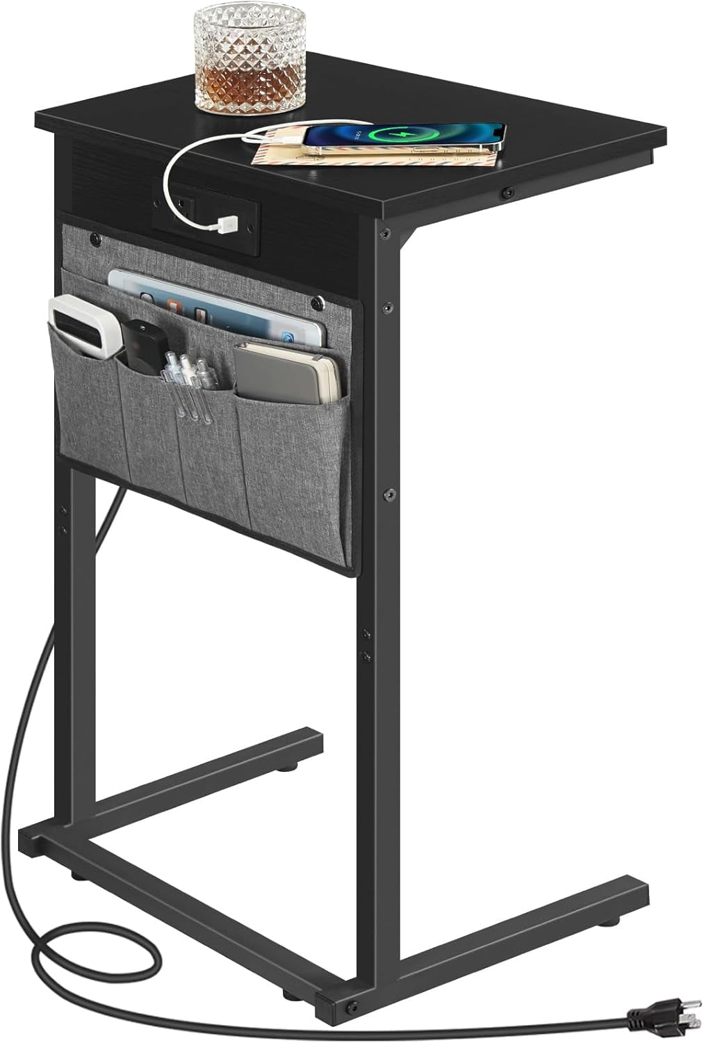 C Shaped End Table with Charging Station, 28" Tall Couch Table for ...