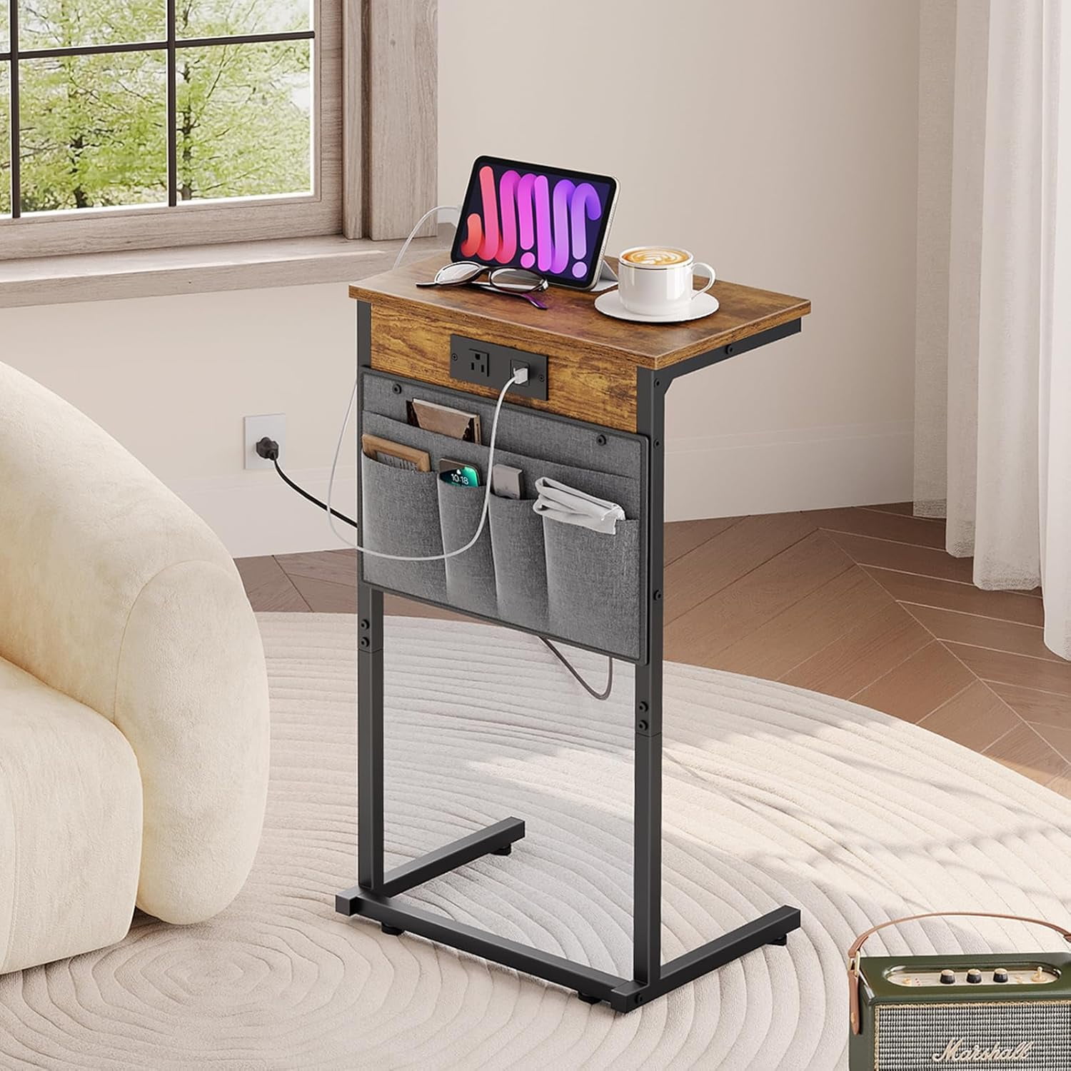 C Shaped End Table with Charging Station, 28" Tall Couch Table for ...