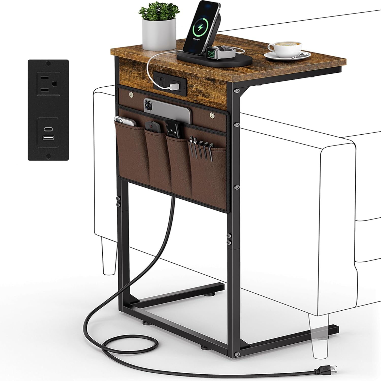 C Shaped End Table with Charging Station, 28" Tall Side Table for Couch ...